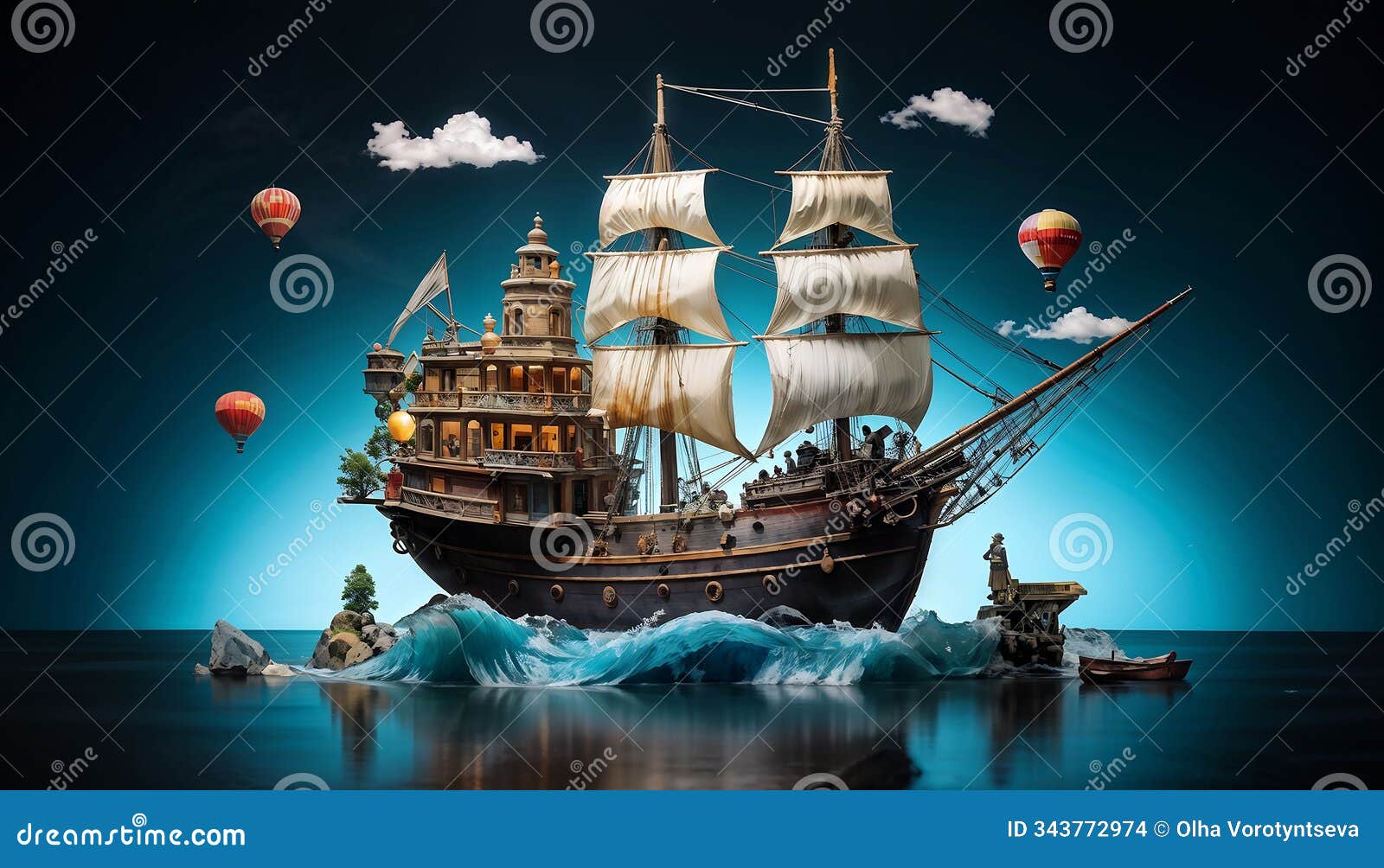 Fantasy Pirate Ship Sailing on Waves with Hot Air Balloons Stock ...