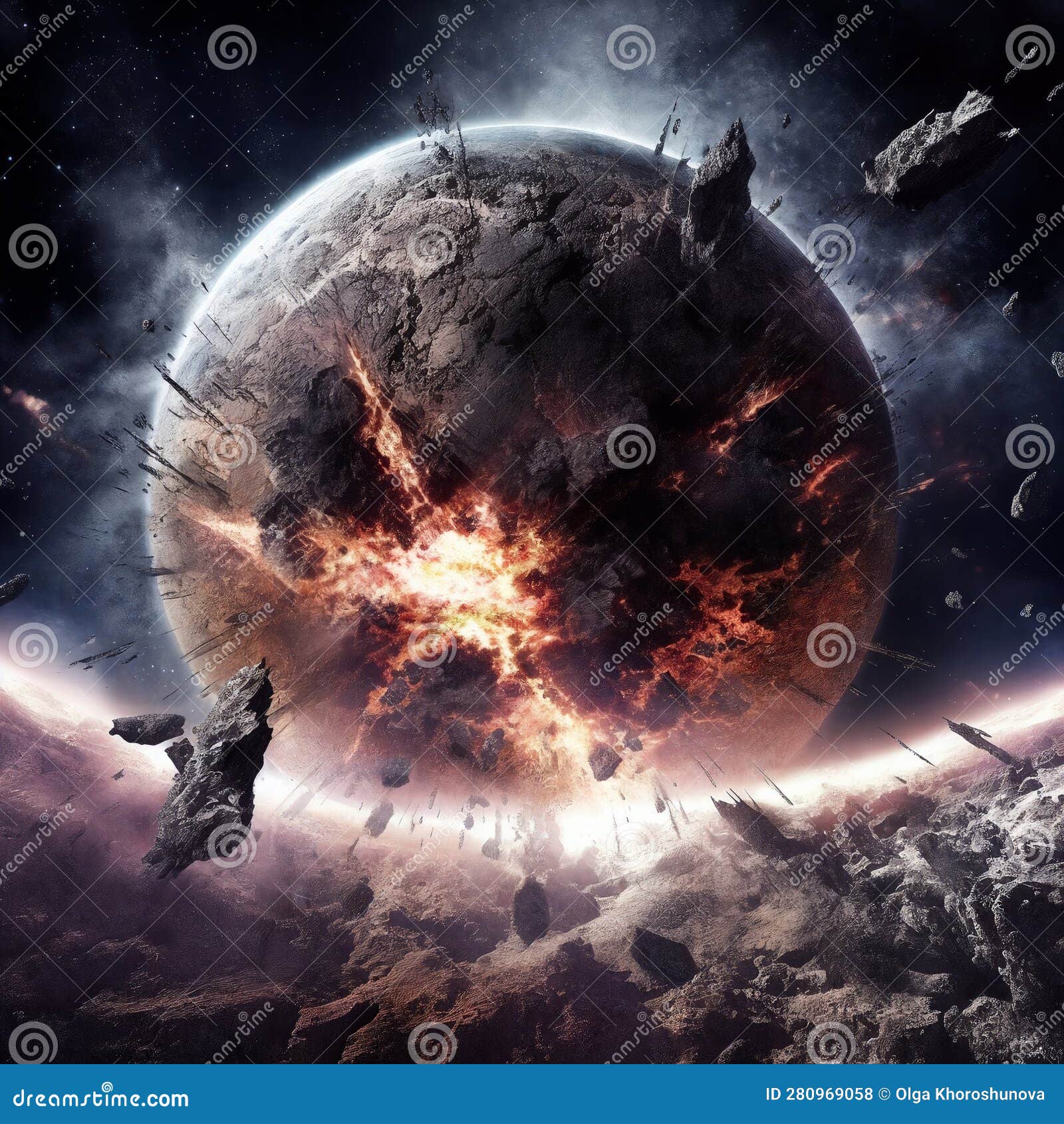 Fantasy Planet , Asteroid Impacting with Surface AI Generative Stock ...