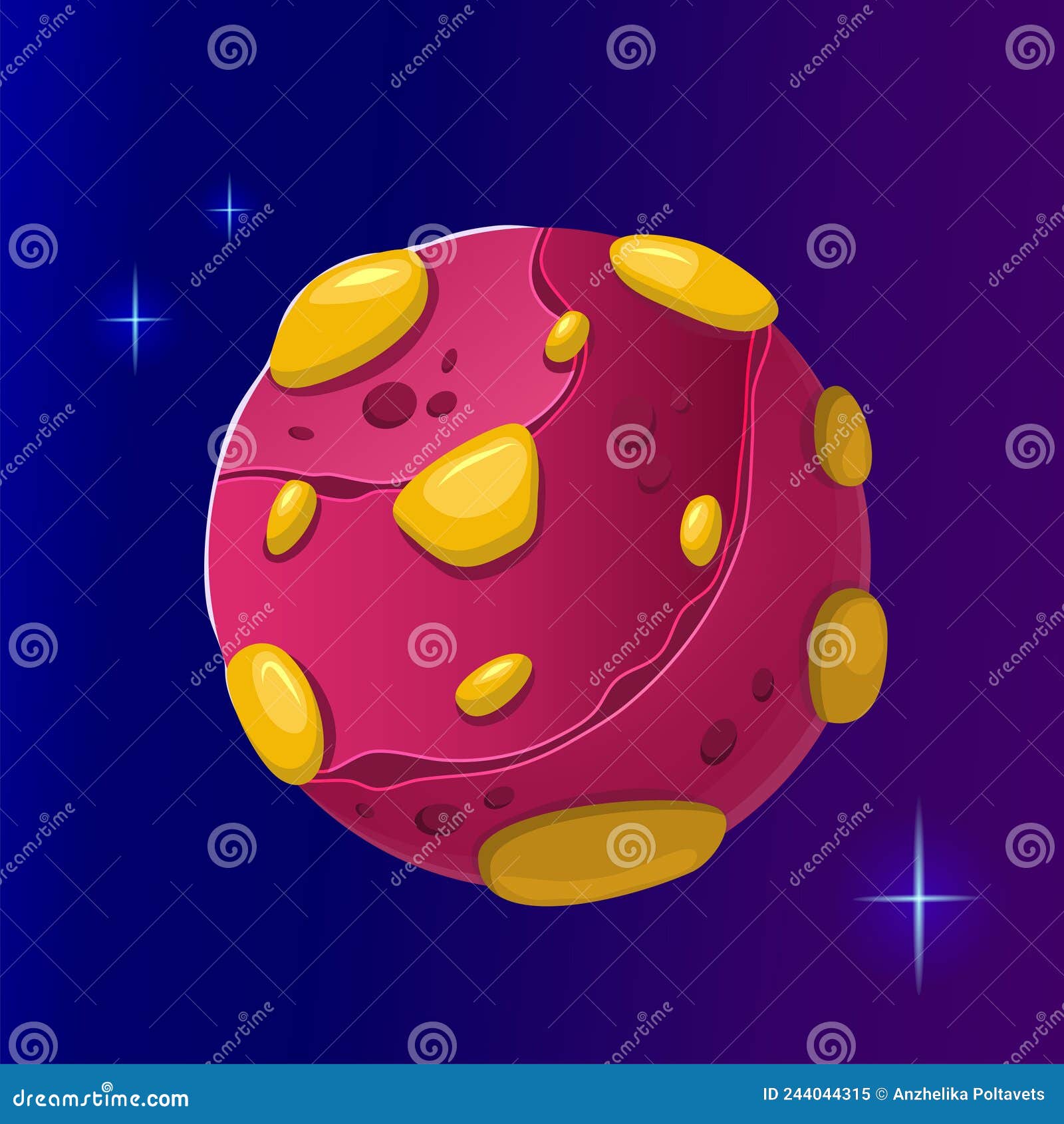 Fantasy Planet Cartoon with Stone. Pink Magic Round Planet with Stone ...