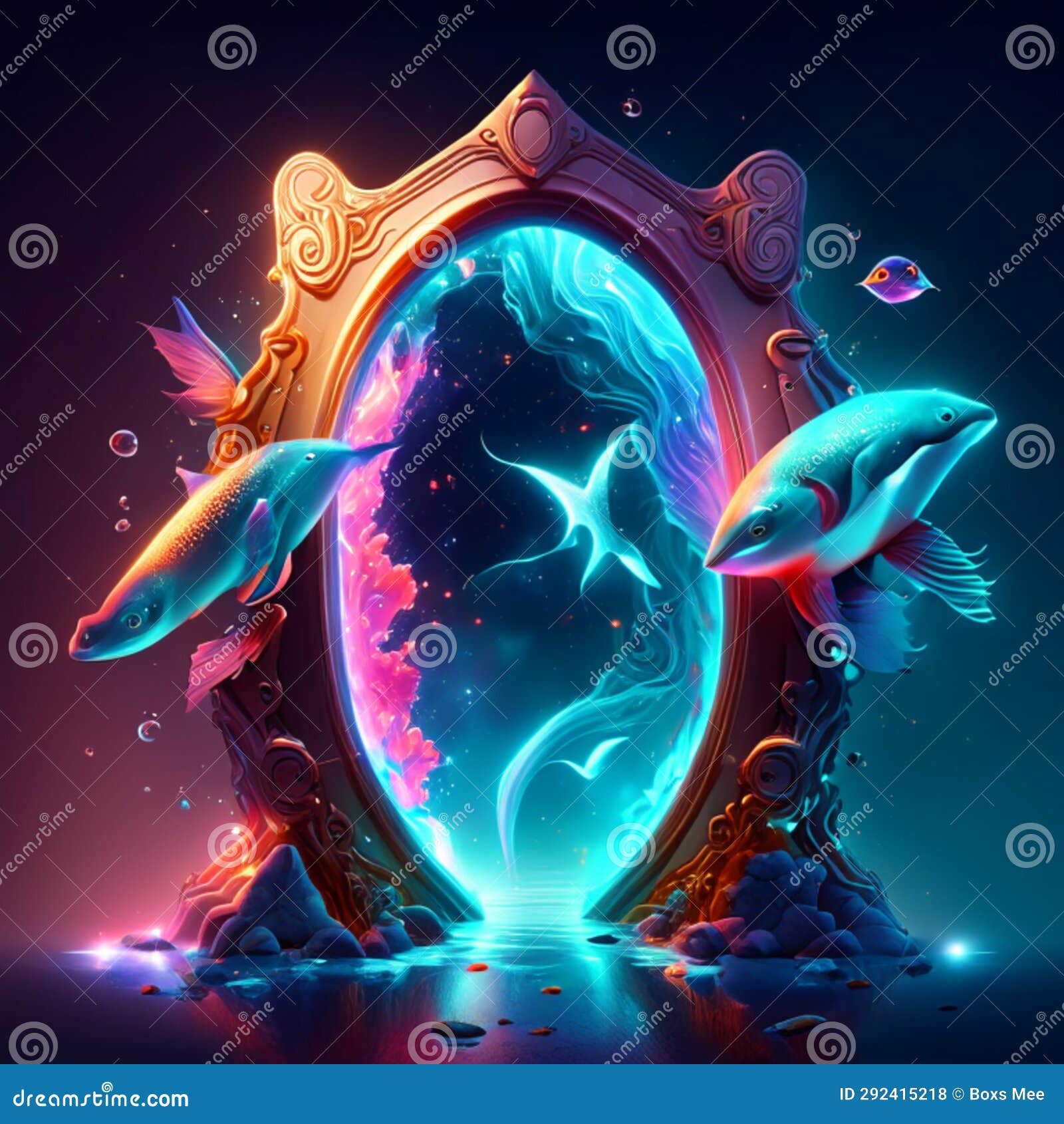 Fantasy Planet with Fish Inside. Vector Illustration in Neon Style ...