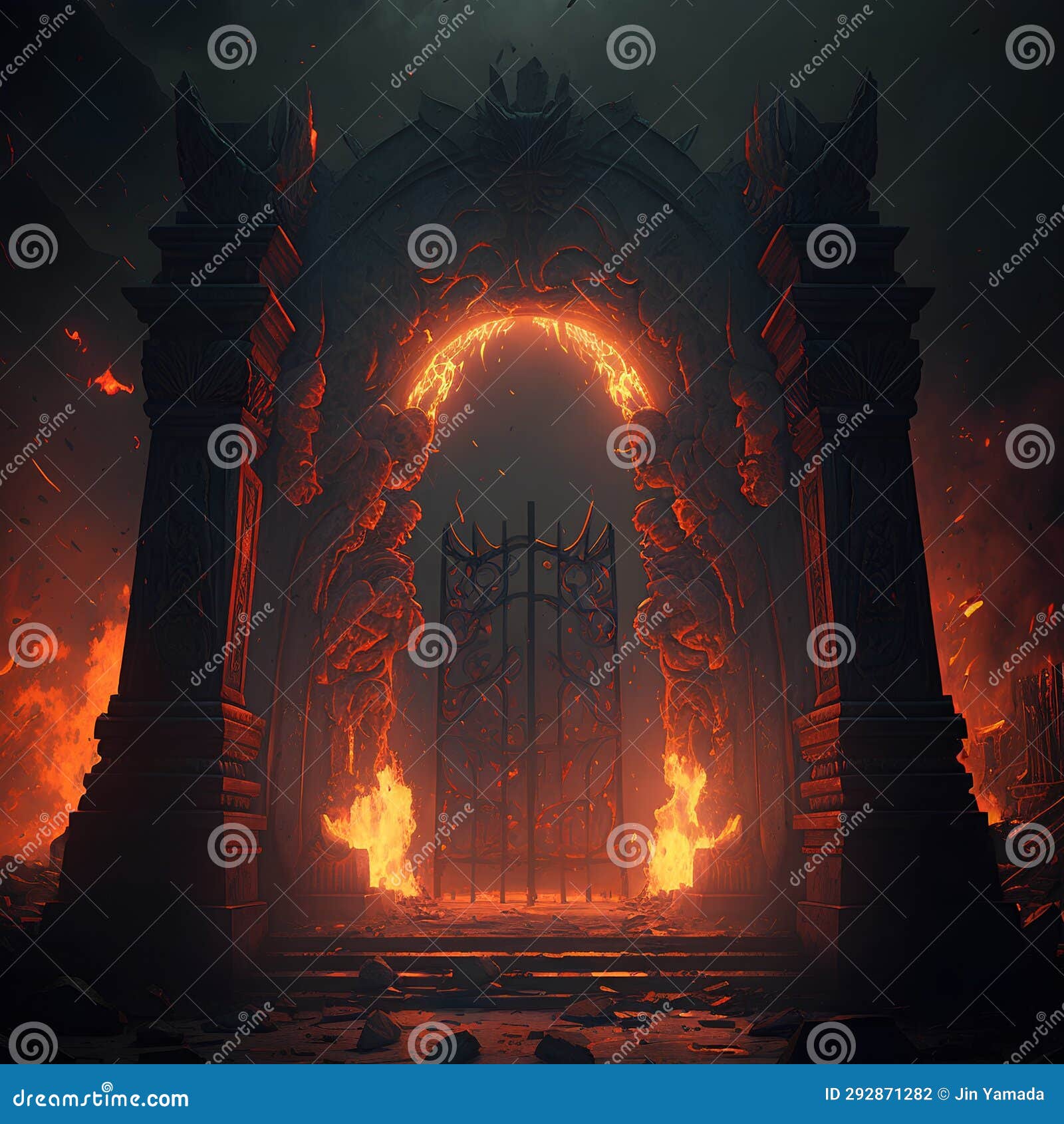 Fantasy Portal with Gate and Gate To Hell. 3D Illustration Stock ...