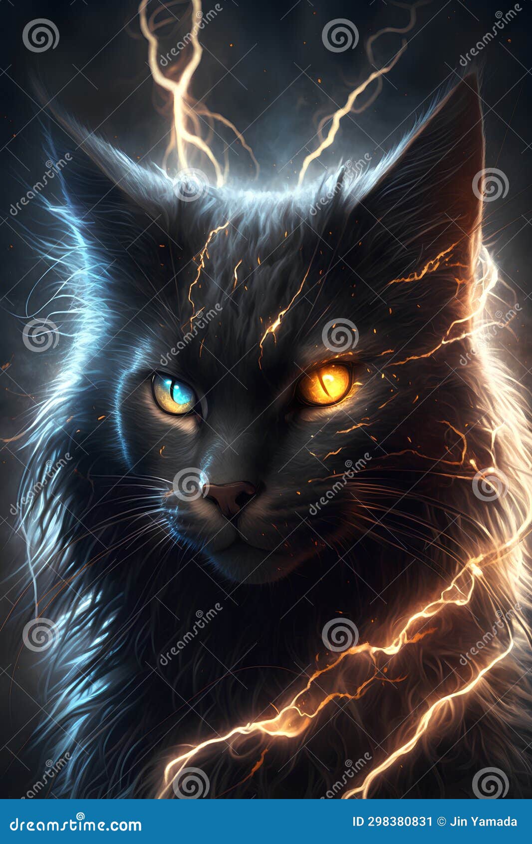 Fantasy Portrait of a Cat with Lightning in the Dark. 3D Rendering ...