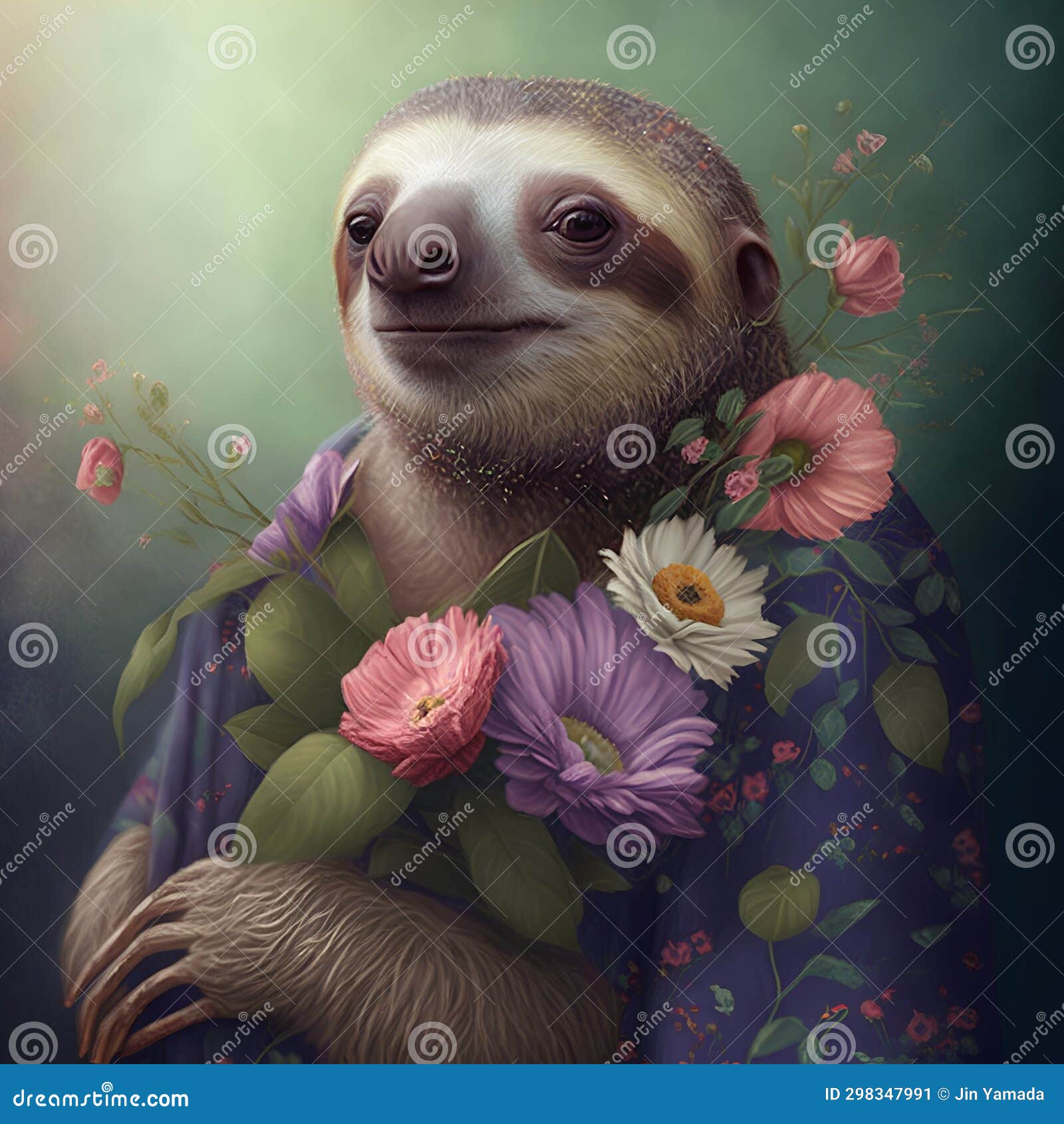 Fantasy Portrait of a Cute Sloth with Flowers on a Dark Background ...