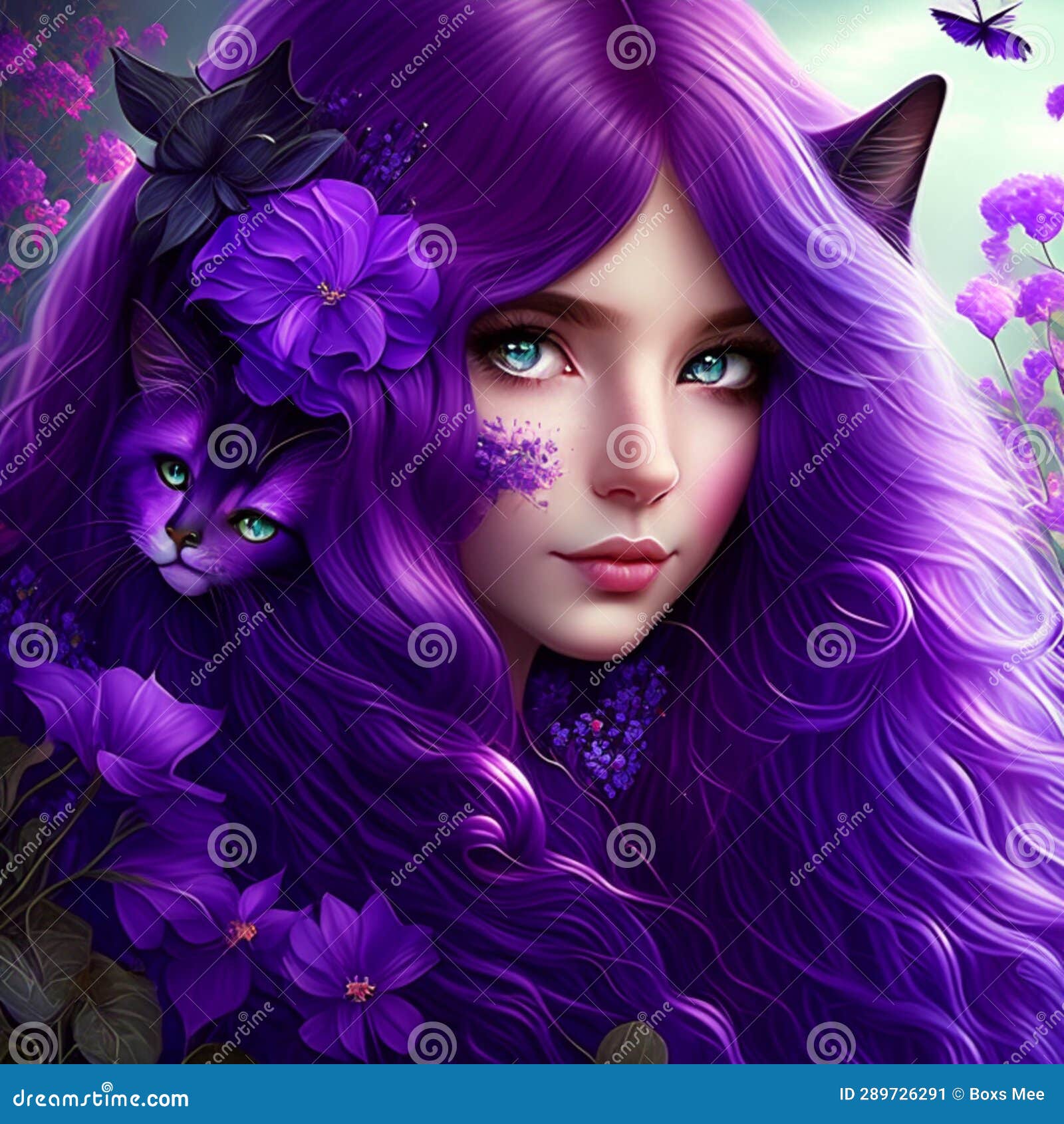 Fantasy Portrait Of A Girl With Purple Hair And Flowers In Her Hair Ai