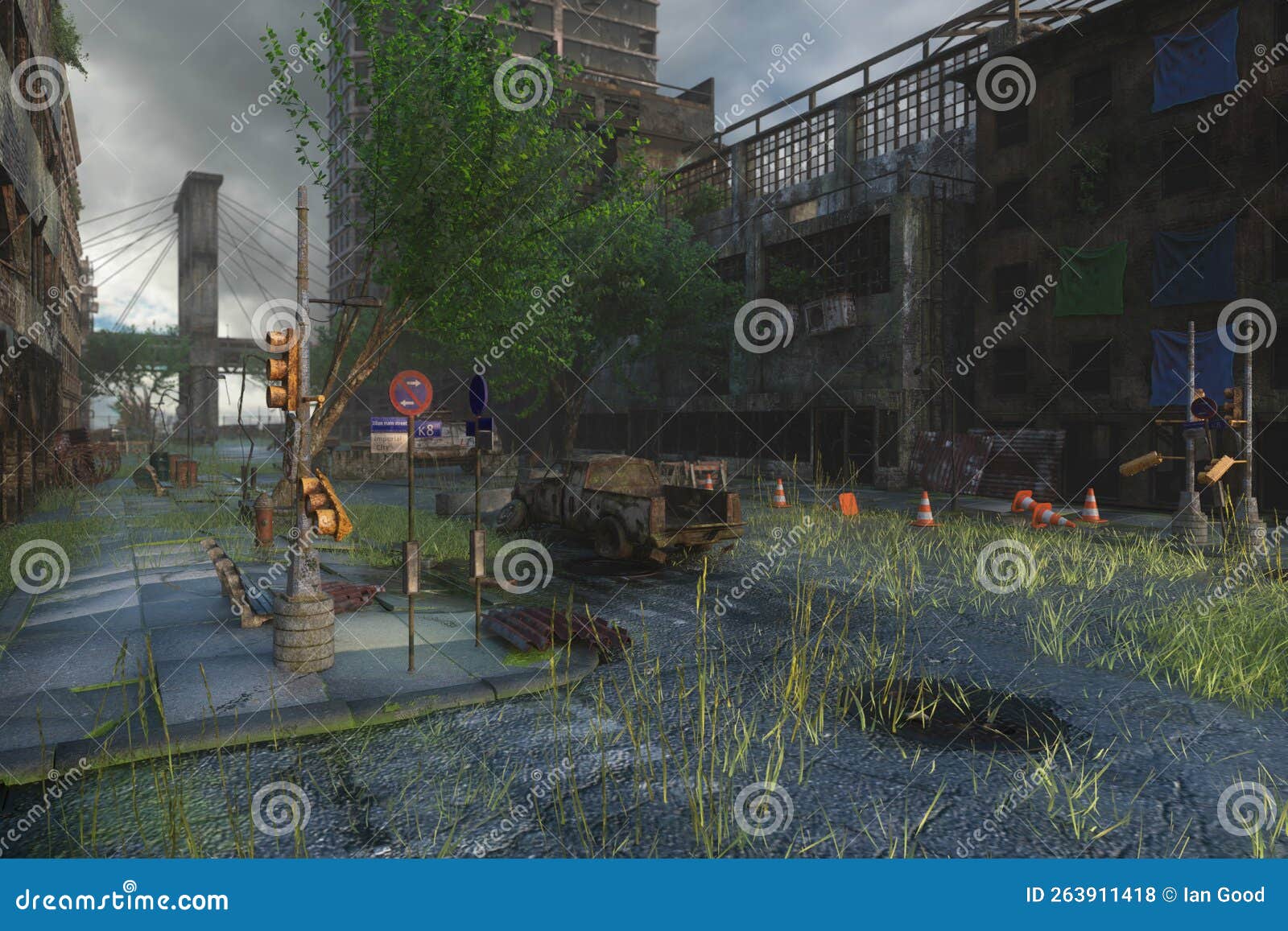 Fantasy Post Apocalyptic Future Ruined City Landscape. 3D Illustration ...