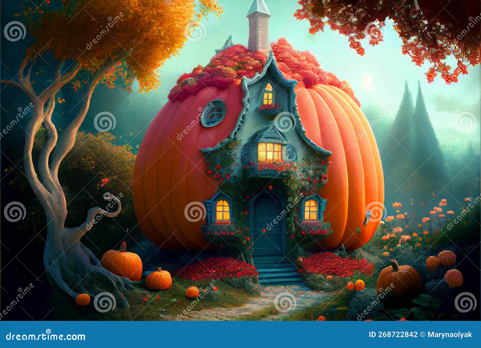 A Fantasy Pumpkin House with Strawberries and Trees, Ai Illustration ...