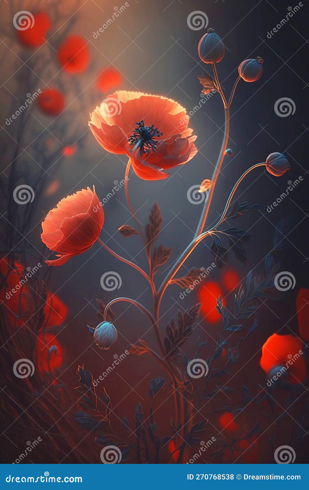 Fantasy red flowers in fog stock illustration. Illustration of close ...