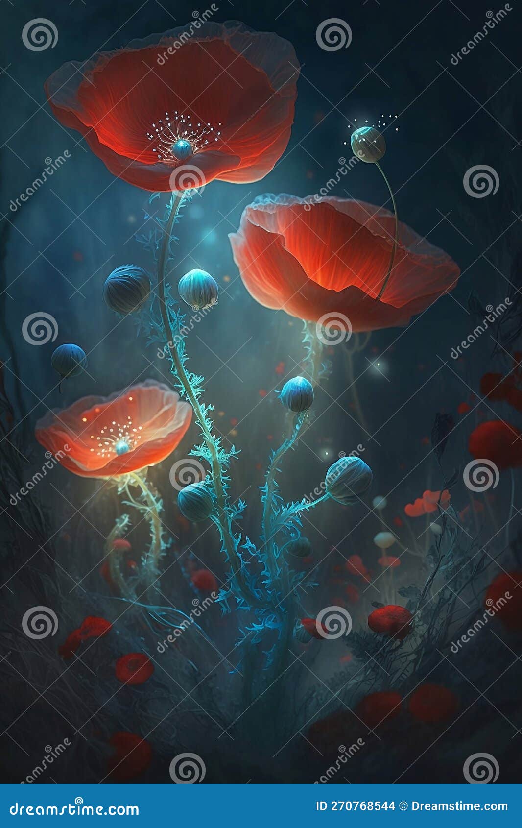 Fantasy red flowers in fog stock illustration. Illustration of field ...