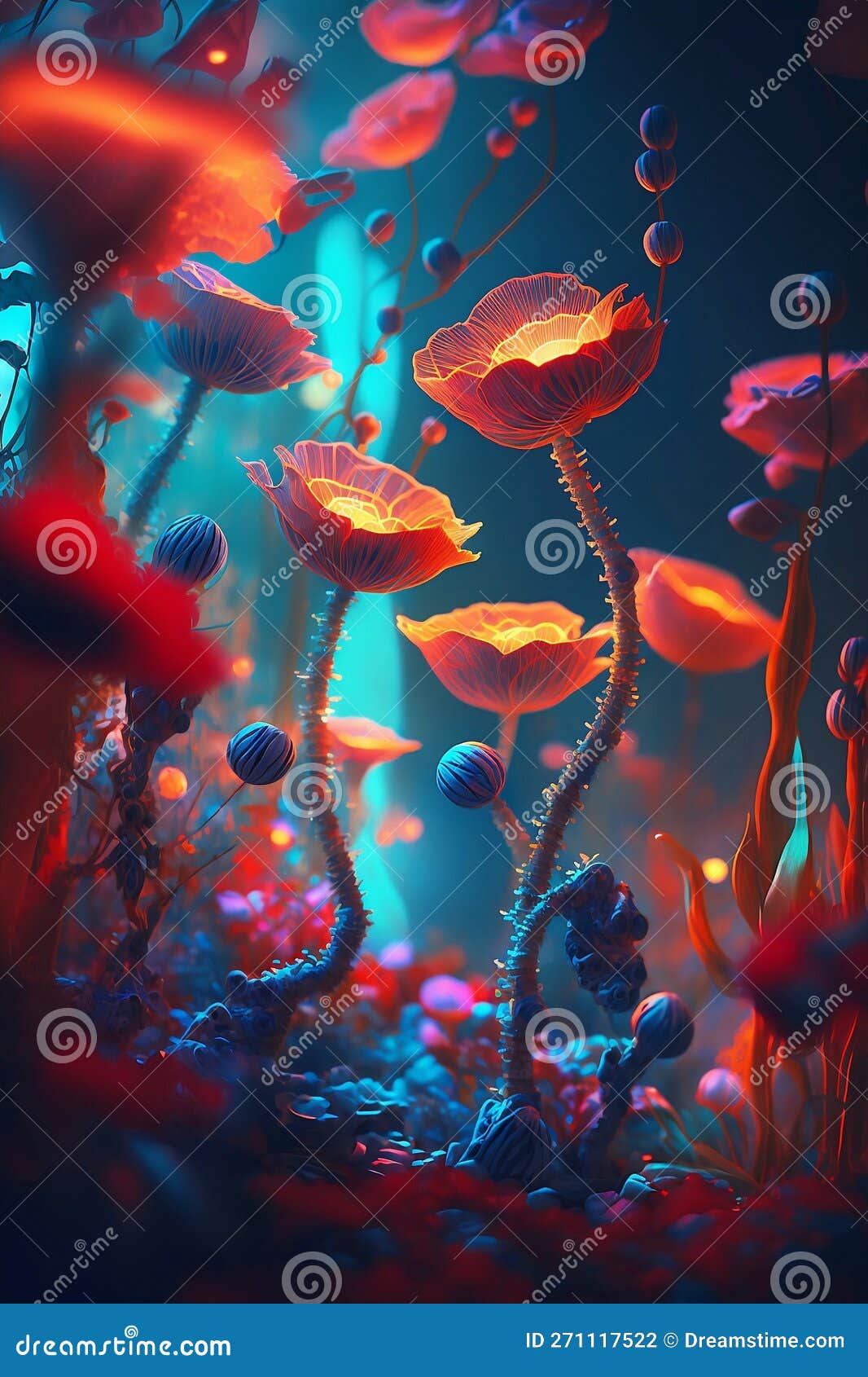Fantasy red flowers in fog stock illustration. Illustration of blue ...