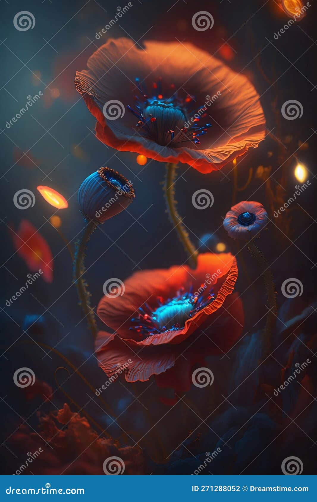 Fantasy red flowers in fog stock illustration. Illustration of wild ...