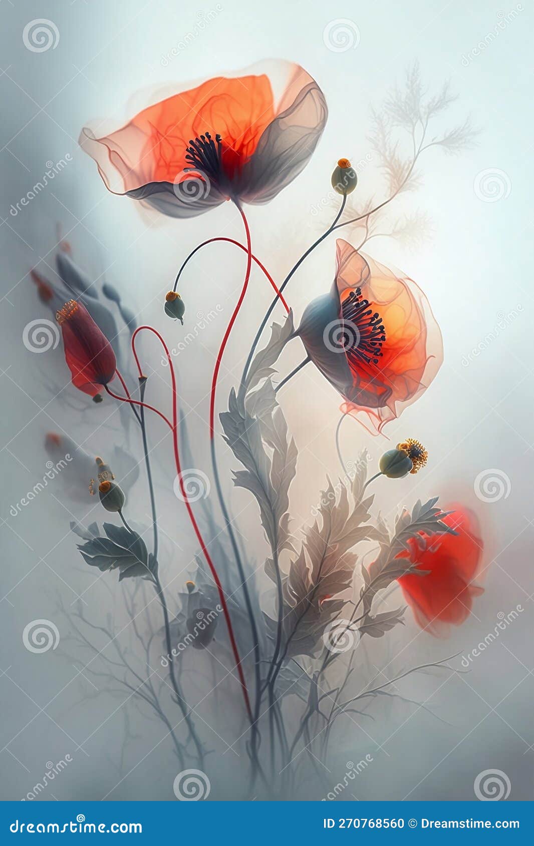 Fantasy Red Flowers in Fog on White Background Stock Illustration ...