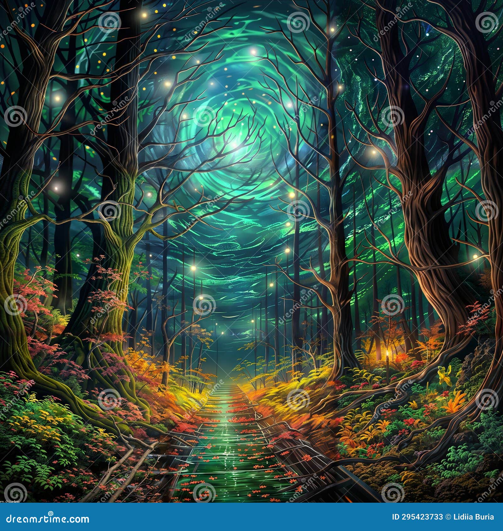 Fantasy Night Forest with Path and Stars. Vector Illustration ...