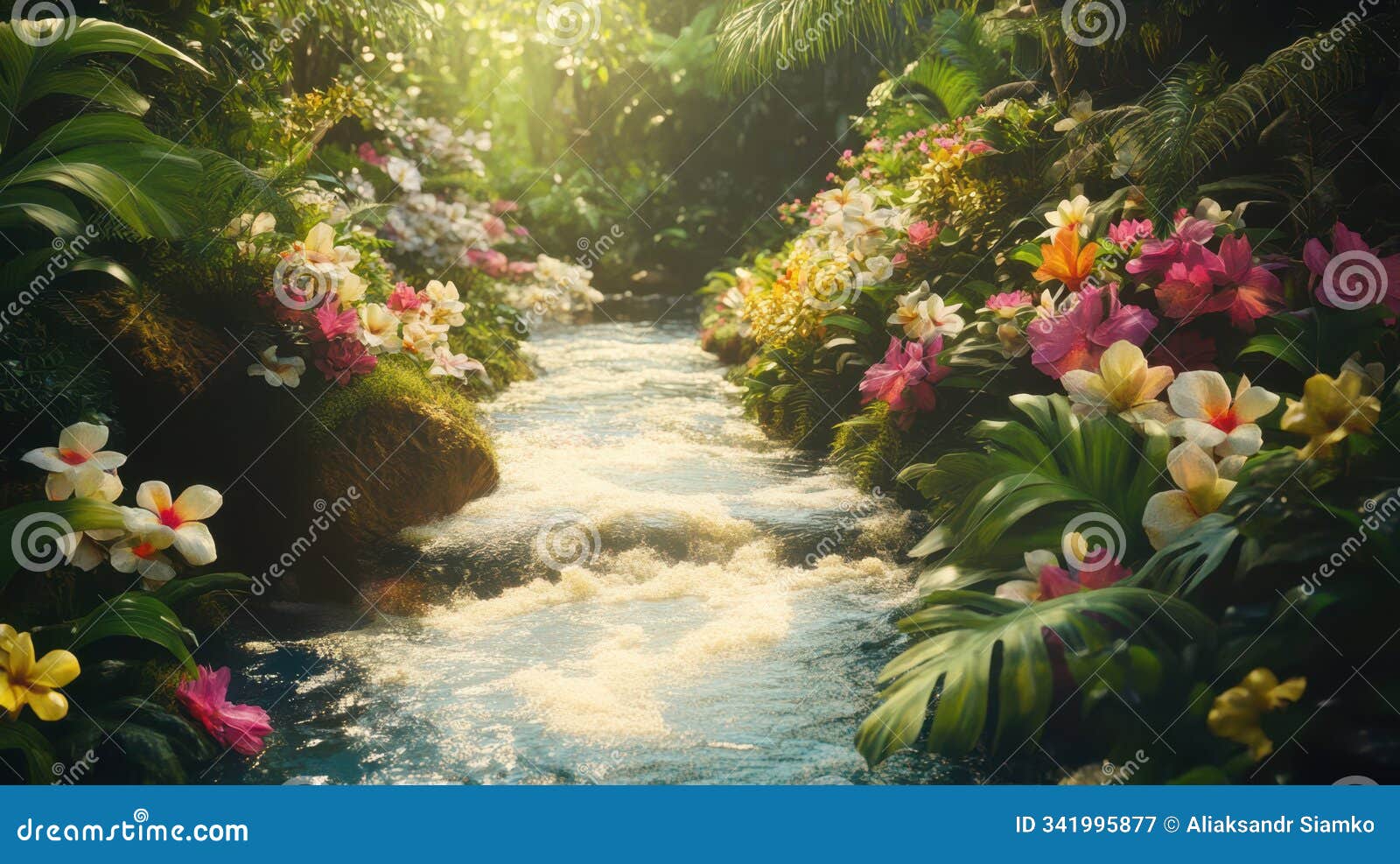 Fantasy River Flowing through Lush Vegetation and Flowers Stock ...