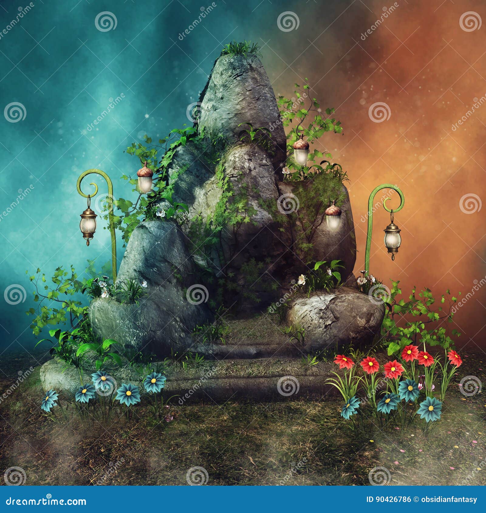 Fantasy Rock with Lanterns and Flowers Stock Illustration ...