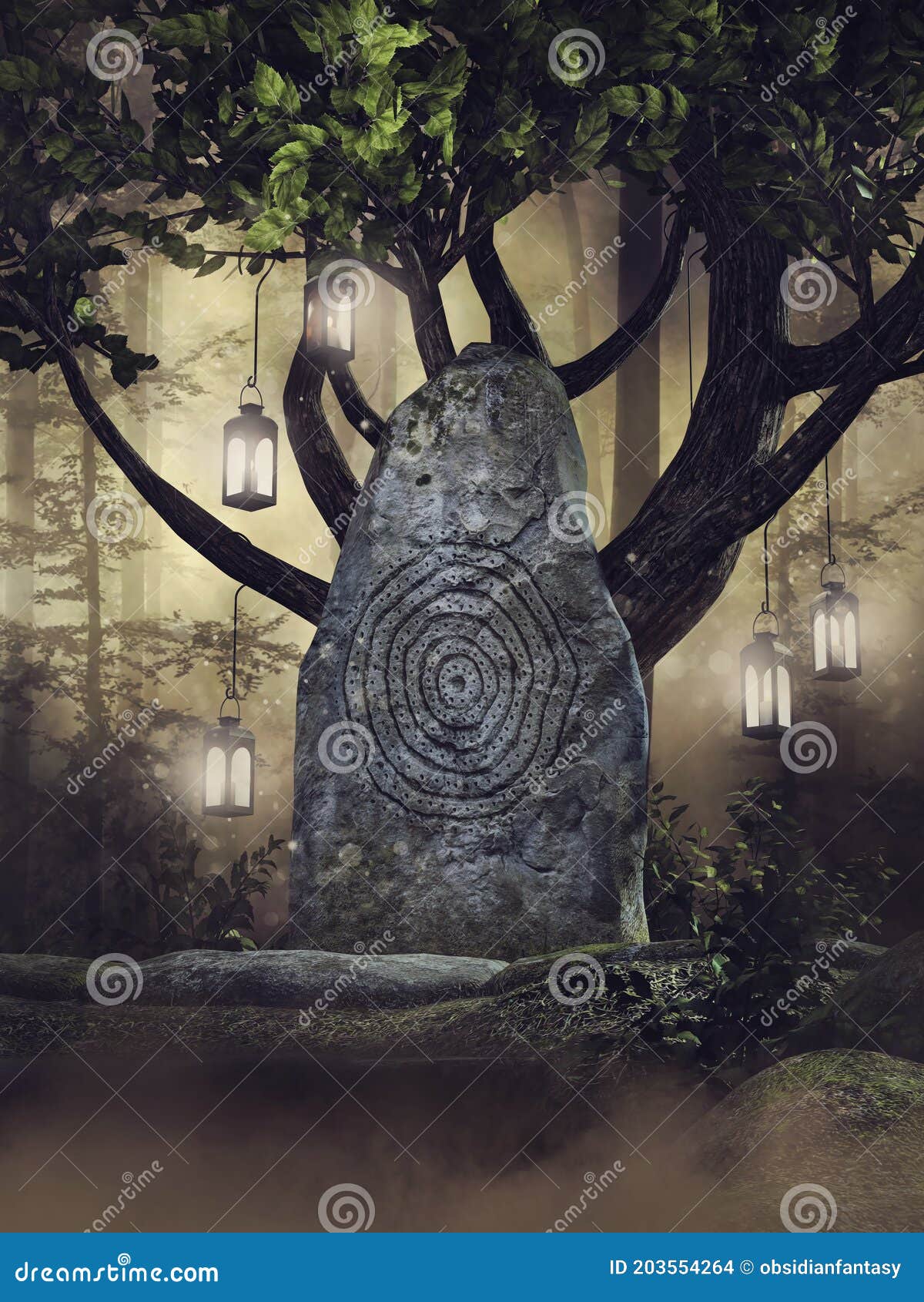 Fantasy Rock and Tree with Hanging Lamps Stock Illustration ...
