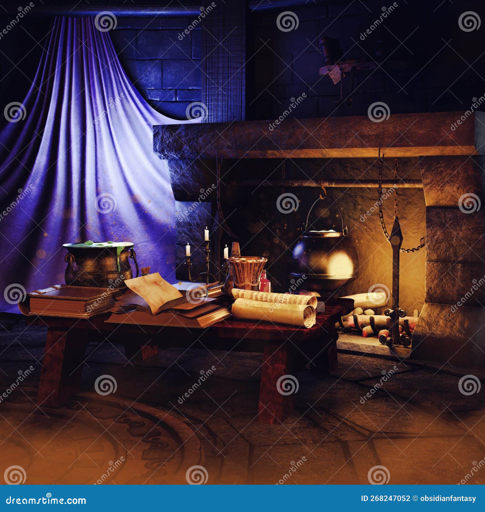 Fantasy Room with Magic Items and a Fireplace Stock Illustration ...