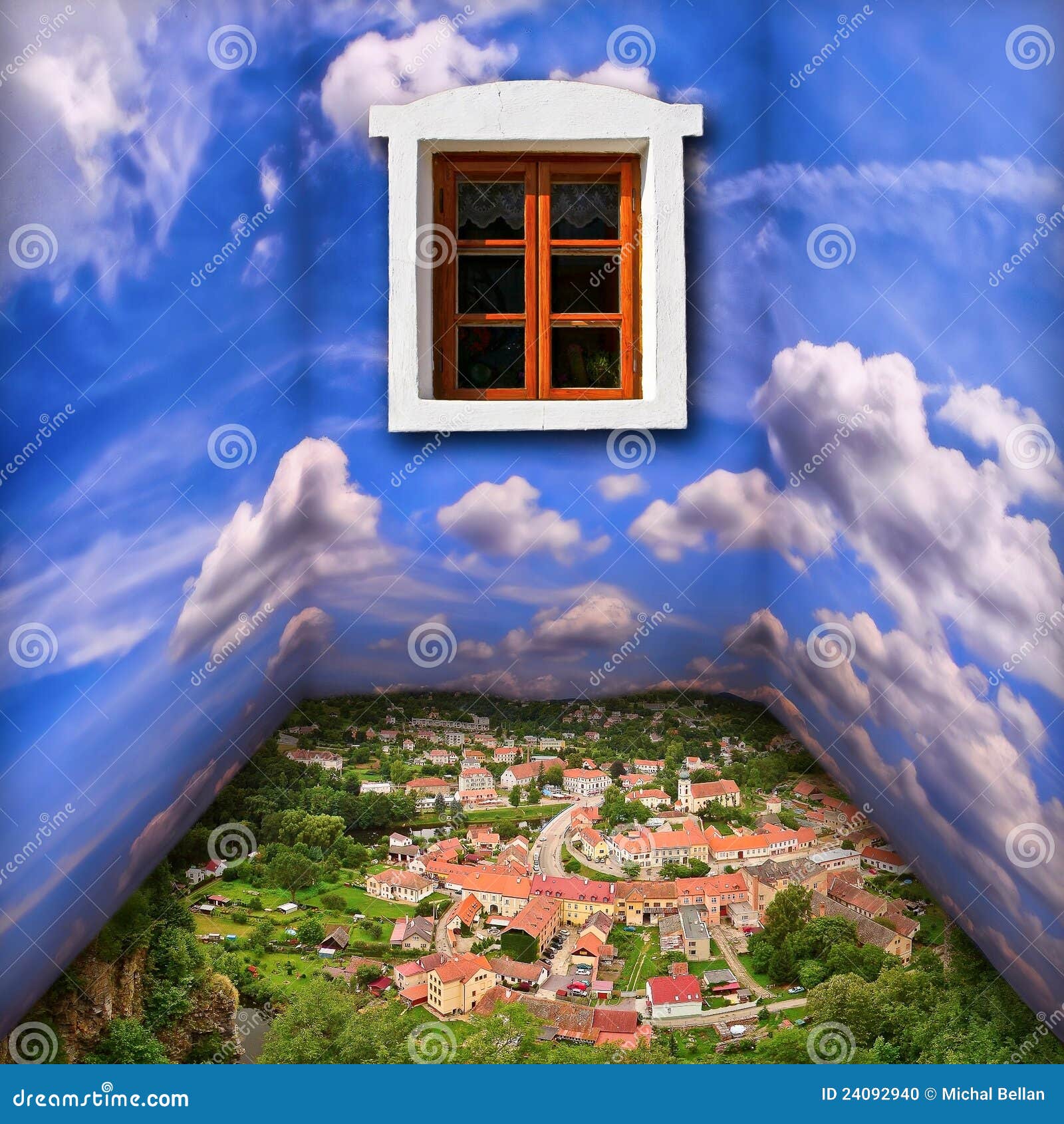 Fantasy Room Scenery With Clouds, Water Reflectionand Window Stock ...