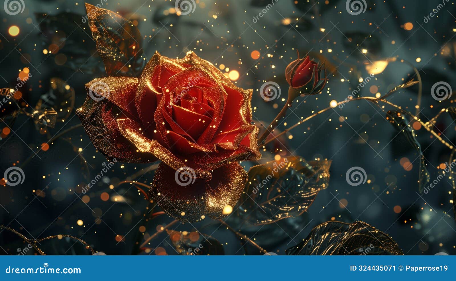 Fantasy Rose with Gold and Magic Elements. Stock Image - Image of ...