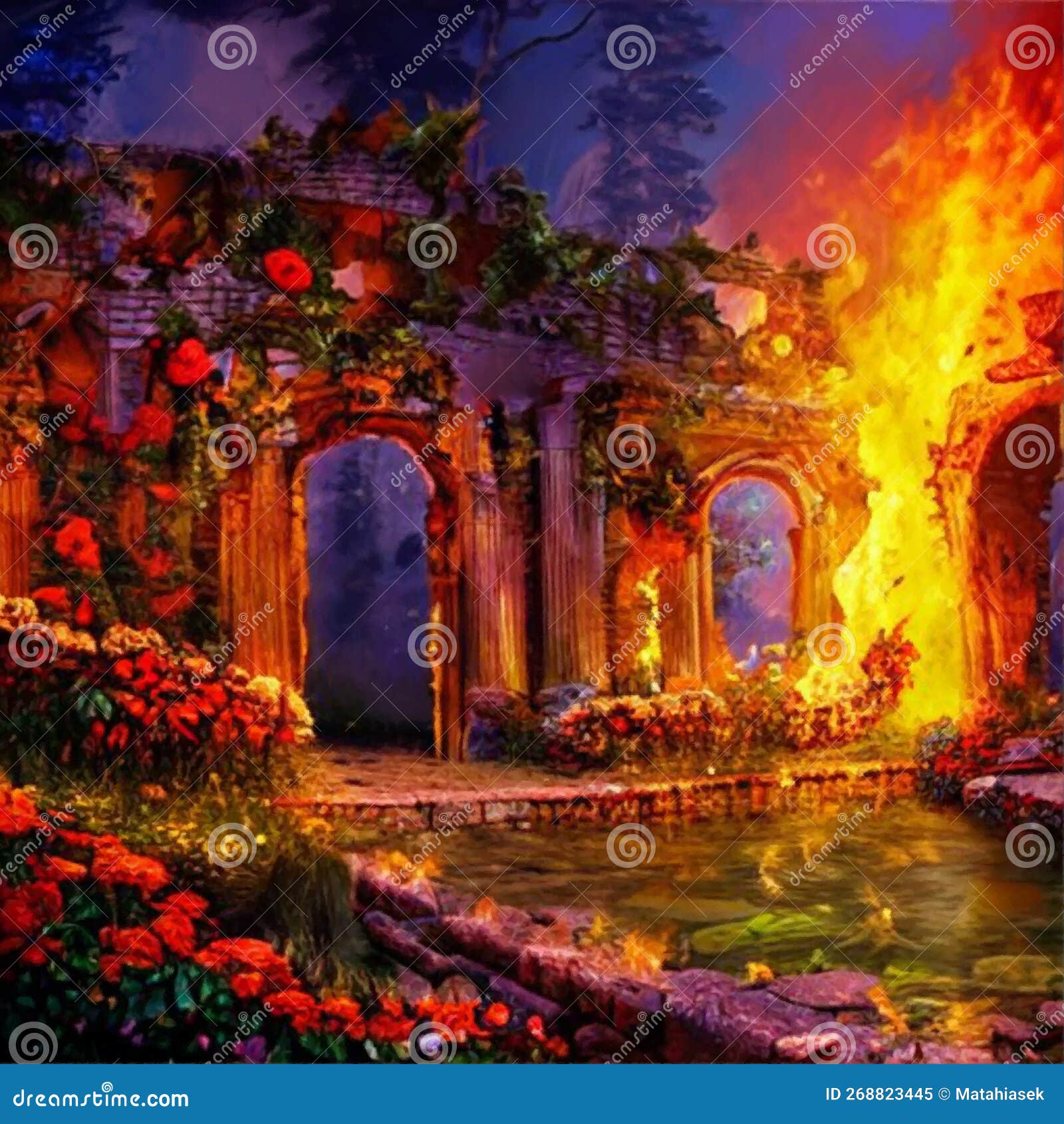 Fantasy Ruined Ancient Building in Fire AI Stock Illustration ...