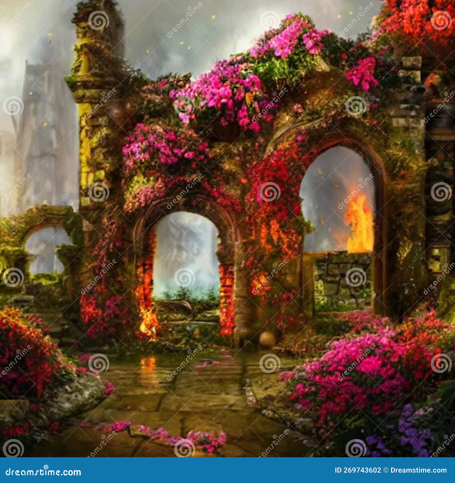 Fantasy Ruined Ancient Building in Fire AI Stock Illustration ...