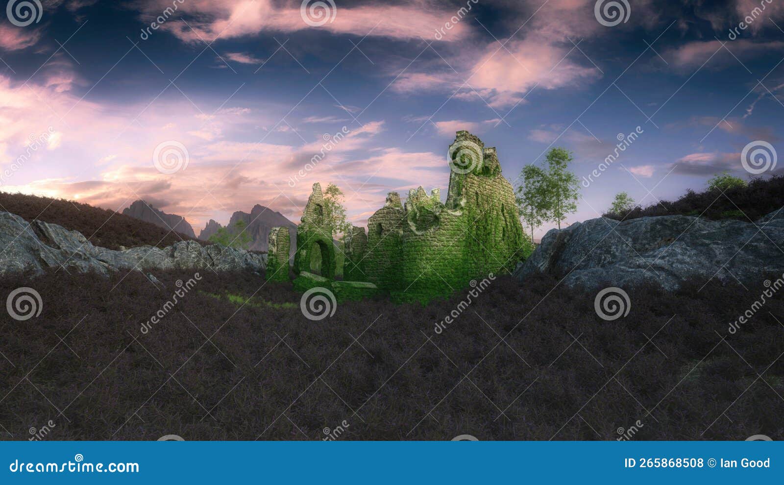 Fantasy Ruined Medieval Castle In The Highlands Surrounded By Heather ...