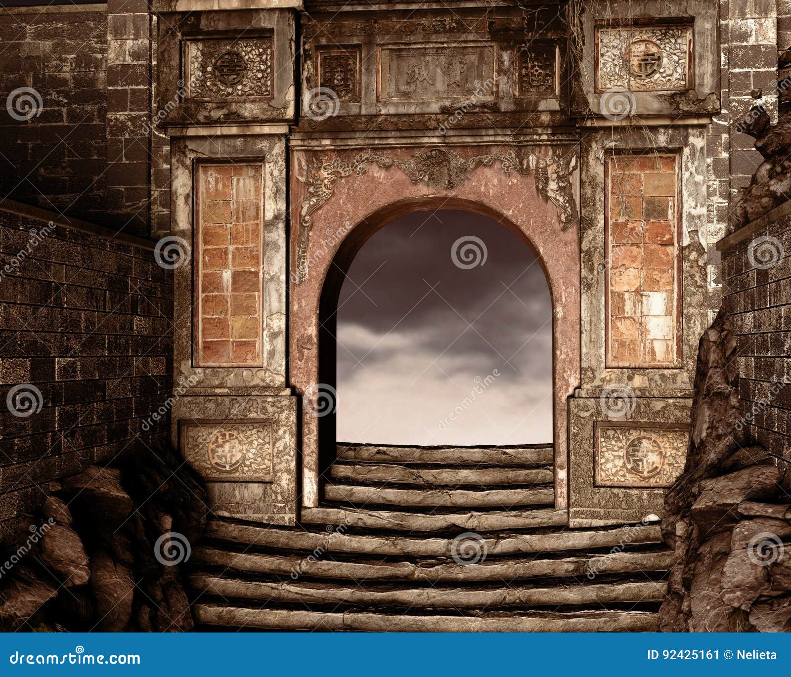 Fantasy Ruins, 3D CG stock illustration. Illustration of stairs - 92425161