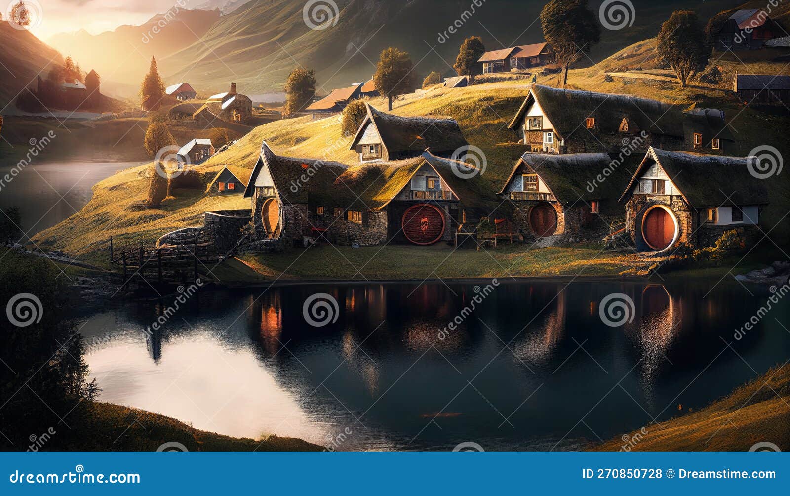 Fantasy Rural Scene with Country Cottages Stock Illustration ...
