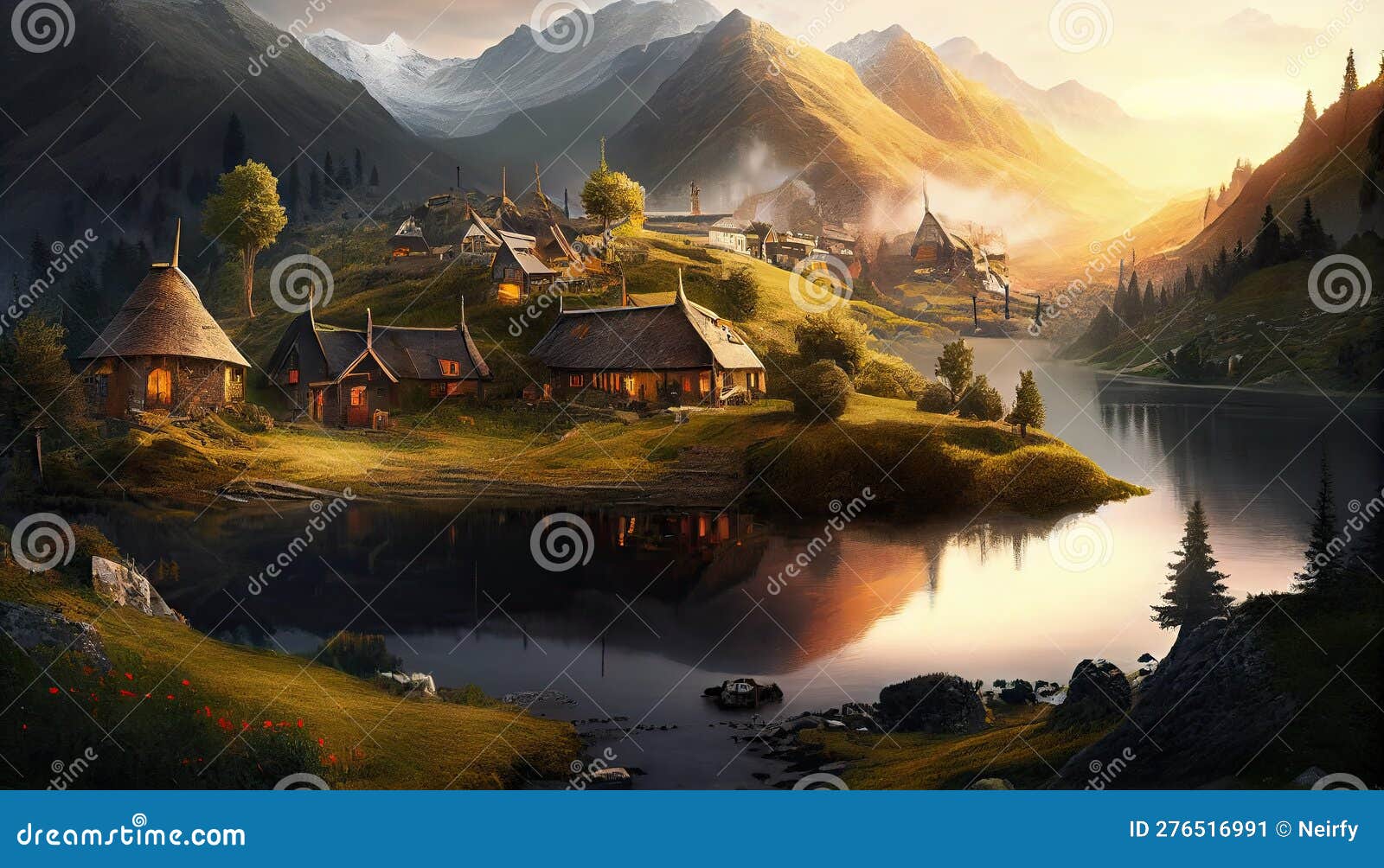 Fantasy Rural Scene with Country Cottages Stock Image - Image of ...