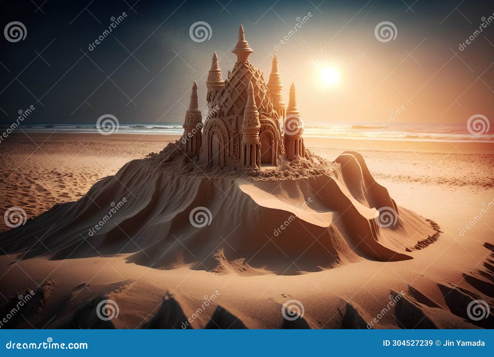 Fantasy Sand Castle on the Beach at Sunrise. 3d Render Stock ...