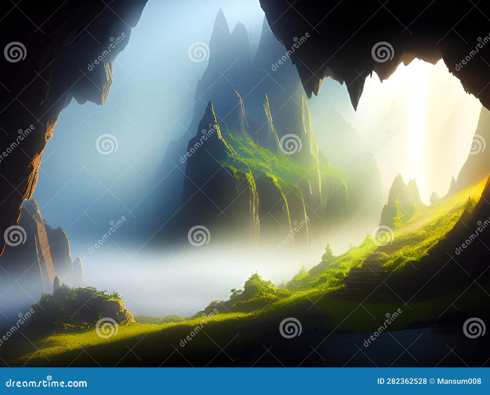 Fantasy Scene with a Castle and a Cave, Ai Generated Stock Illustration ...