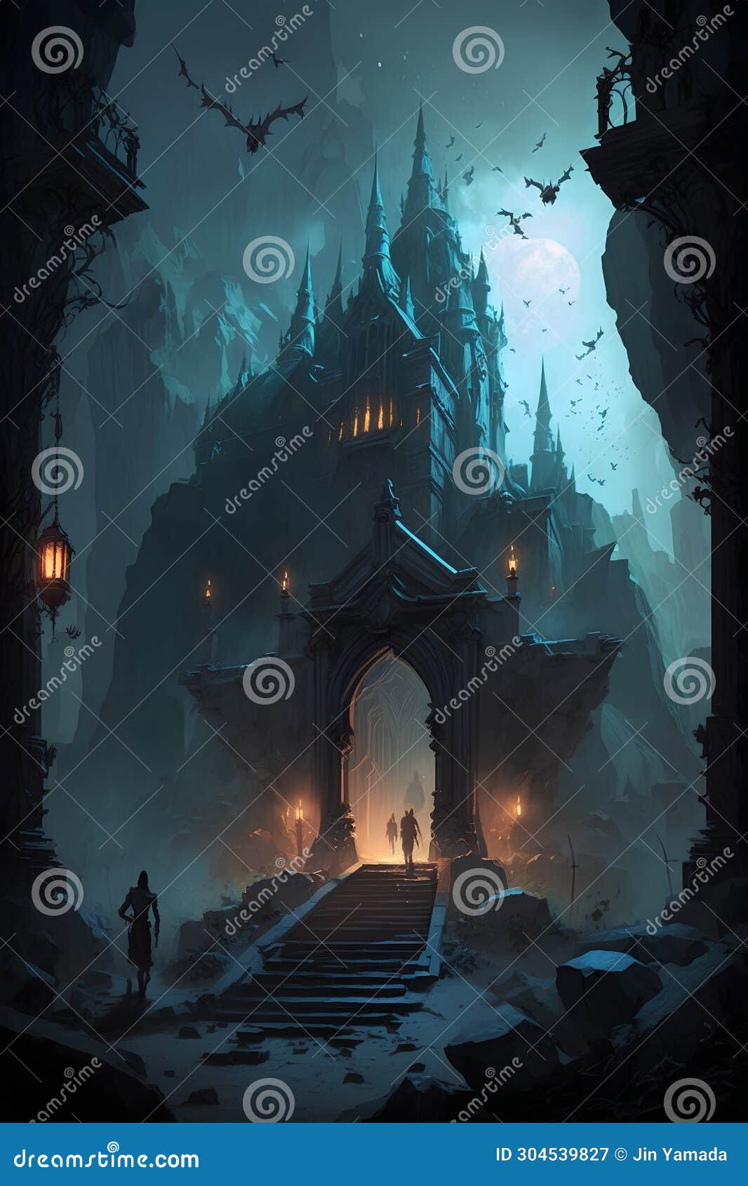 Fantasy Scene with Castle Gate at Night, 3d Render Illustration Stock ...