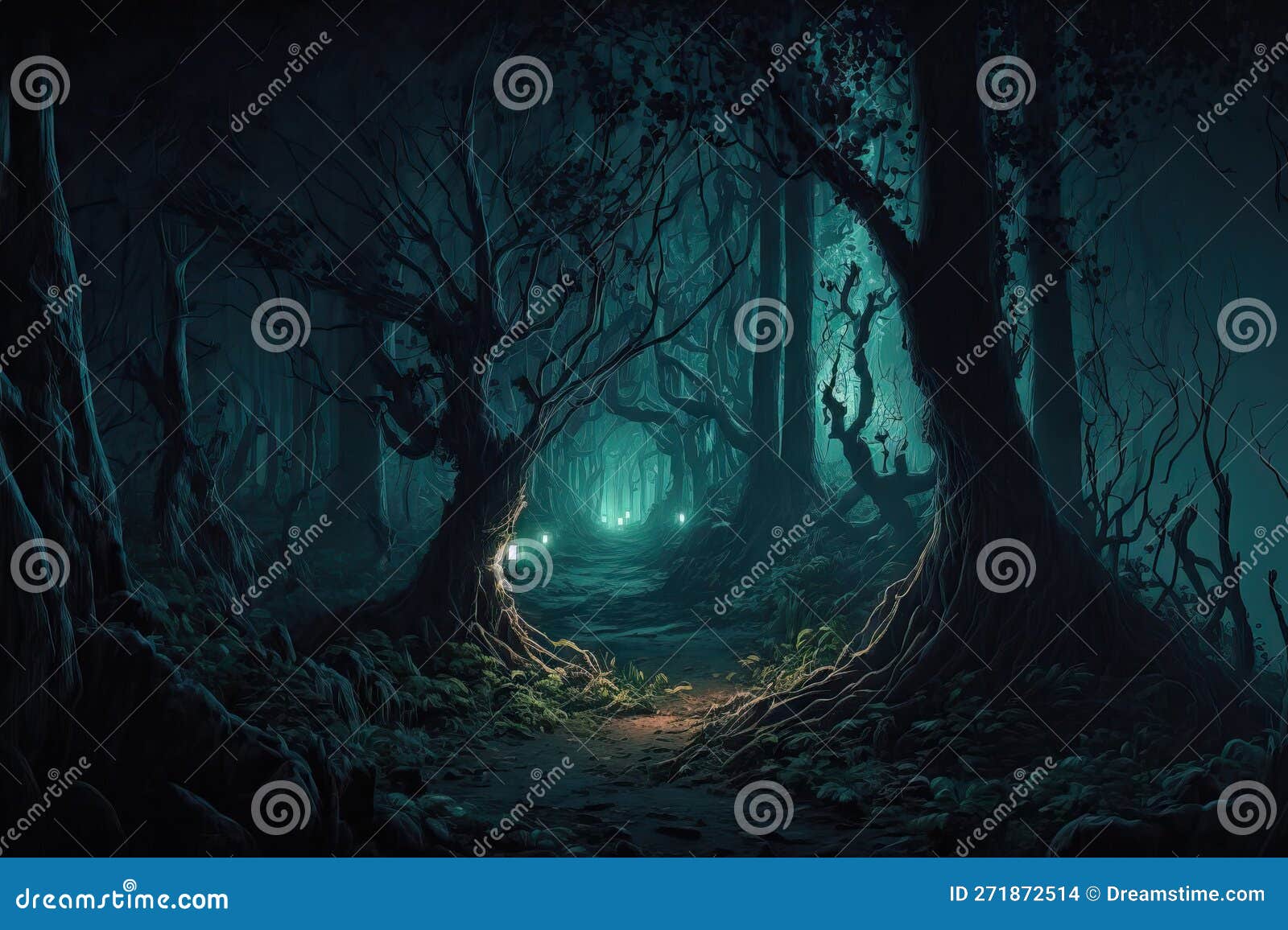 A Fantasy Scene with a Dark Forest Panorama Stock Illustration ...
