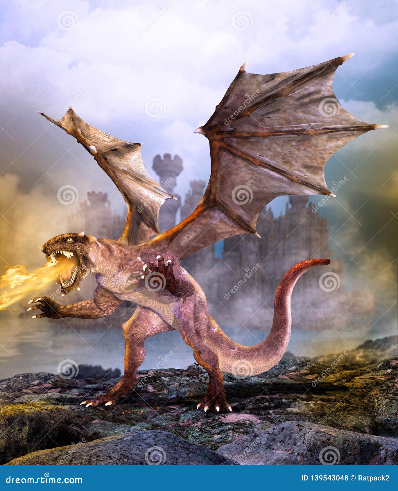 Red Dragon Attacking Villages Illustration Royalty-Free Stock Photo ...
