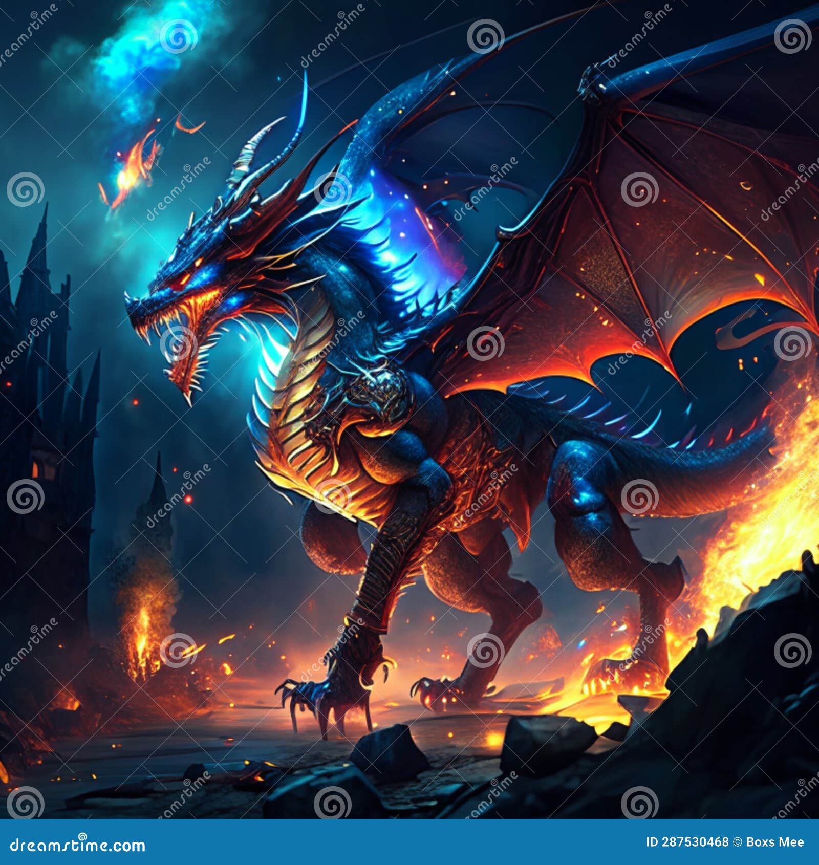 Fantasy Scene with Dragon and Fire. 3d Rendering, 3d Illustration Stock ...