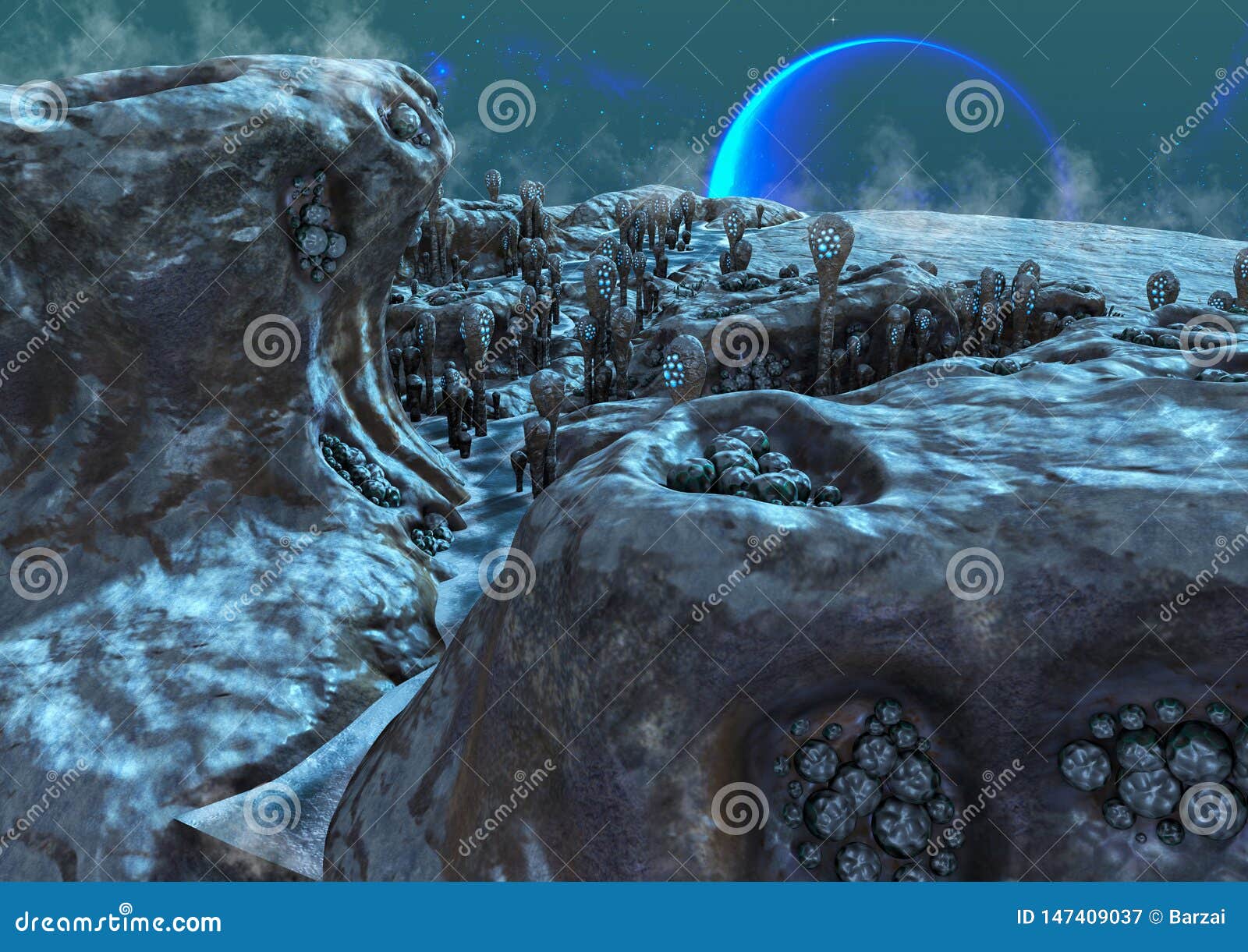 A Frozen Alien Land, With Blue Moons Behind. Stock Photography ...