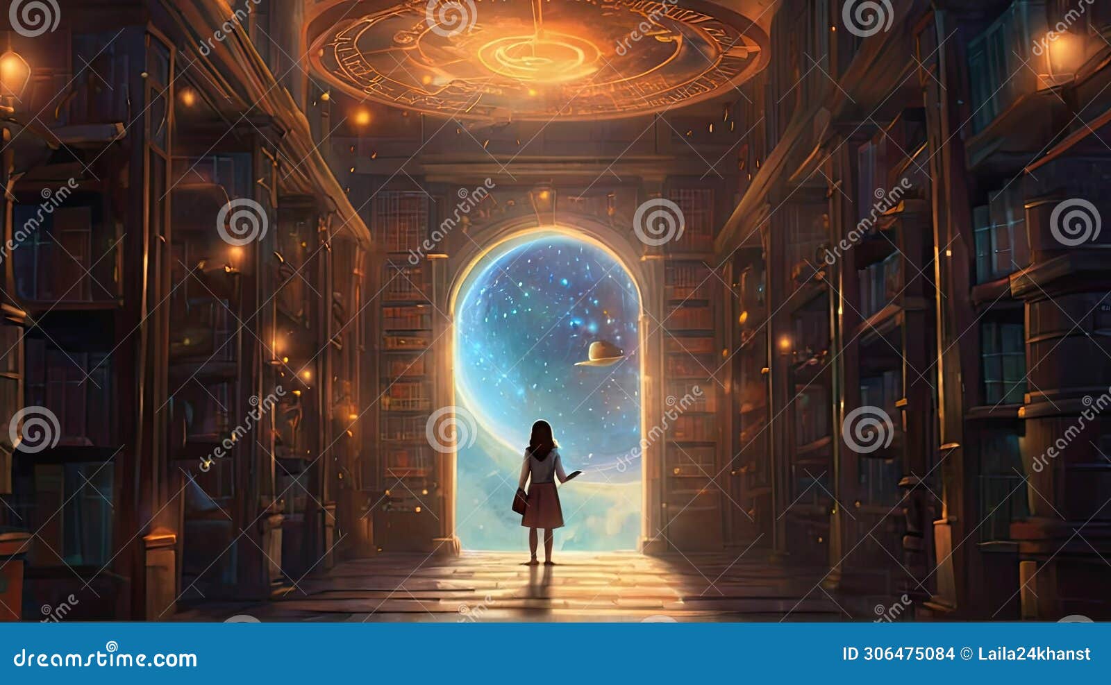 Fantasy Scene with a Girl Standing in the Doorway of an Old Library ...