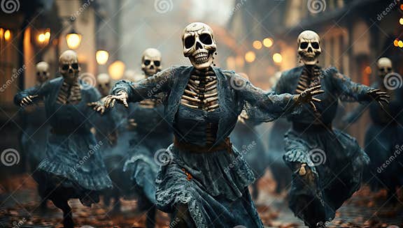 Fantasy Scene of a Group of Skeletons Stock Illustration - Illustration ...