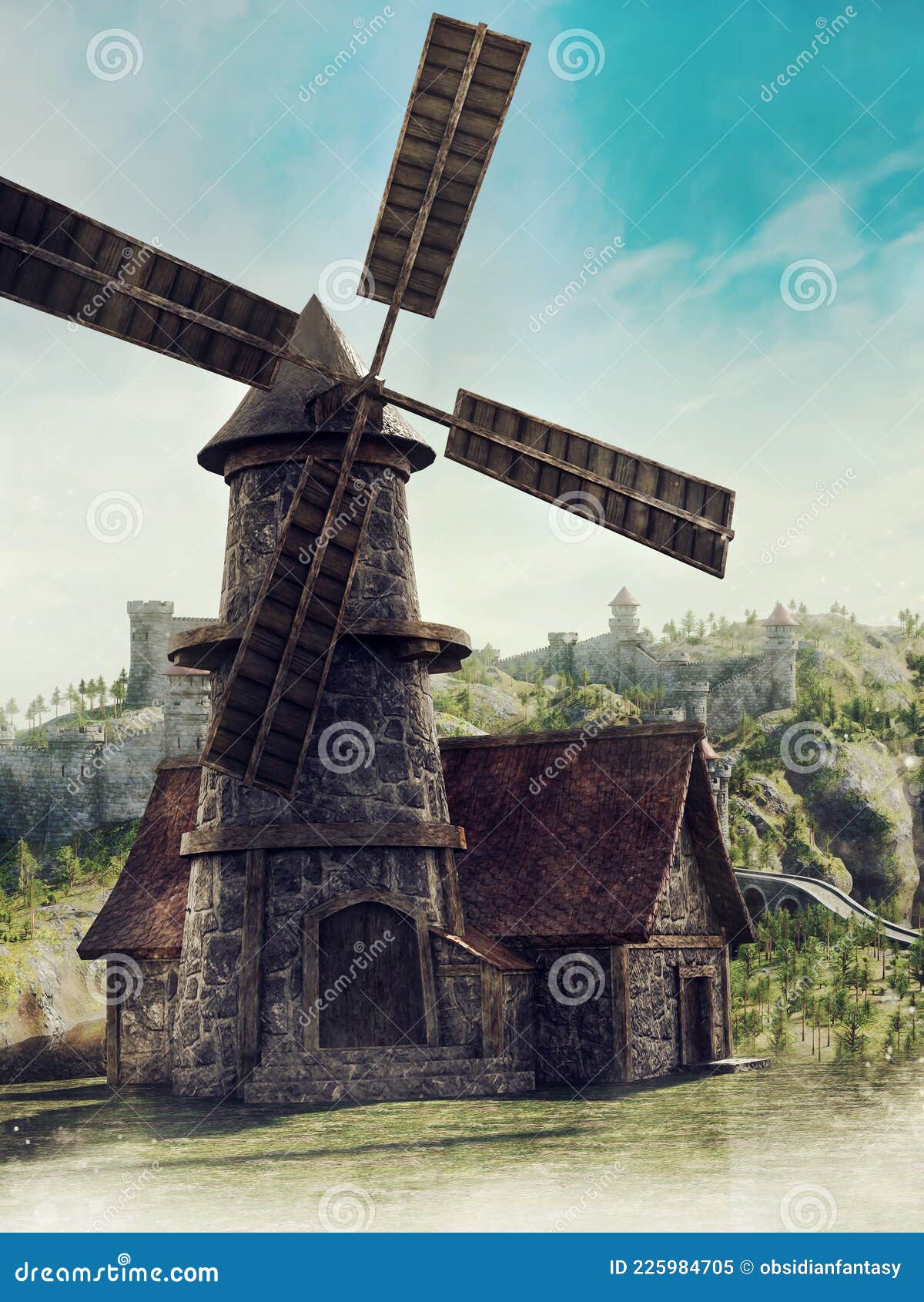 Medieval Windmill with a Castle in the Background Stock Illustration ...