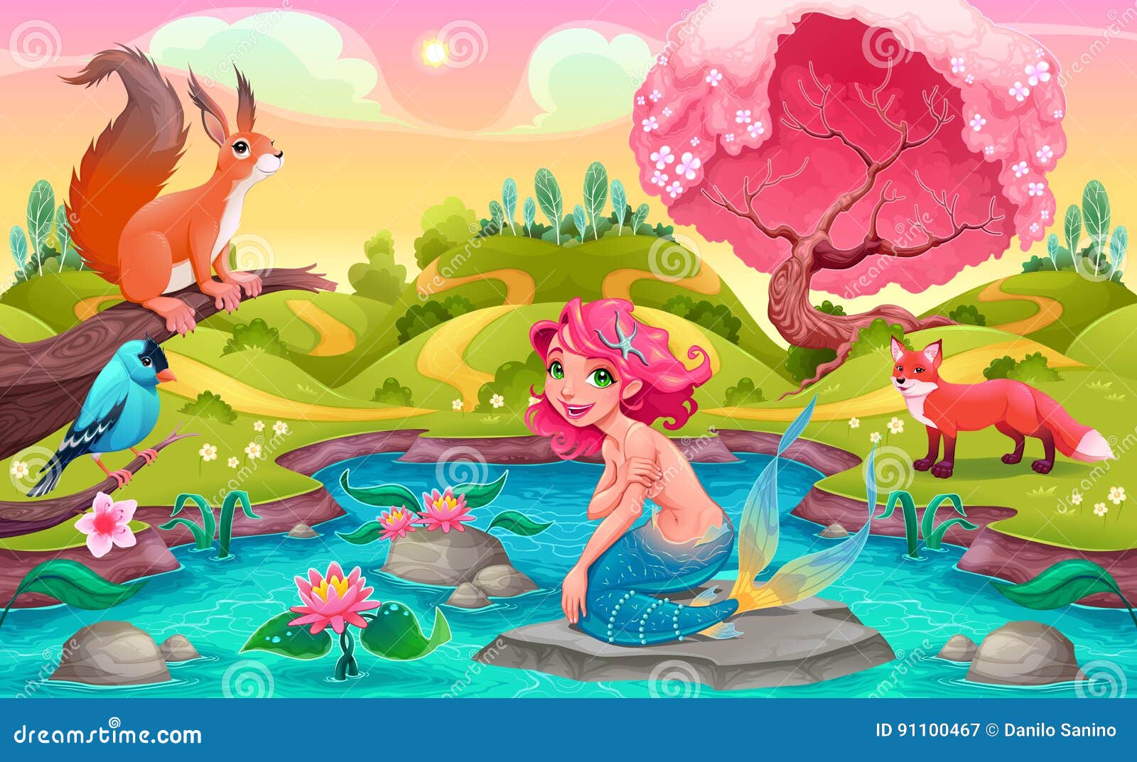Fantasy Scene with Mermaid and Animals Stock Vector - Illustration of ...