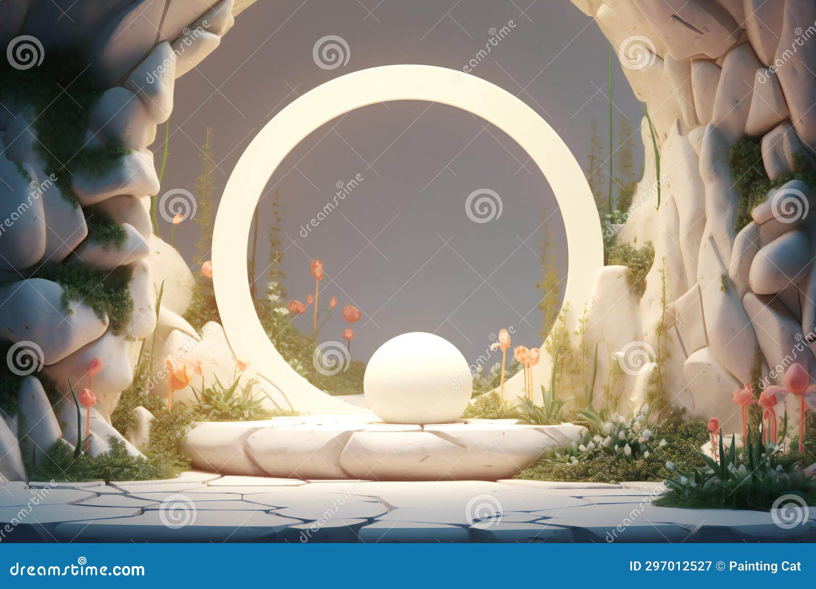 Fantasy Scene with Podium and Fantasy Garden Stock Illustration ...