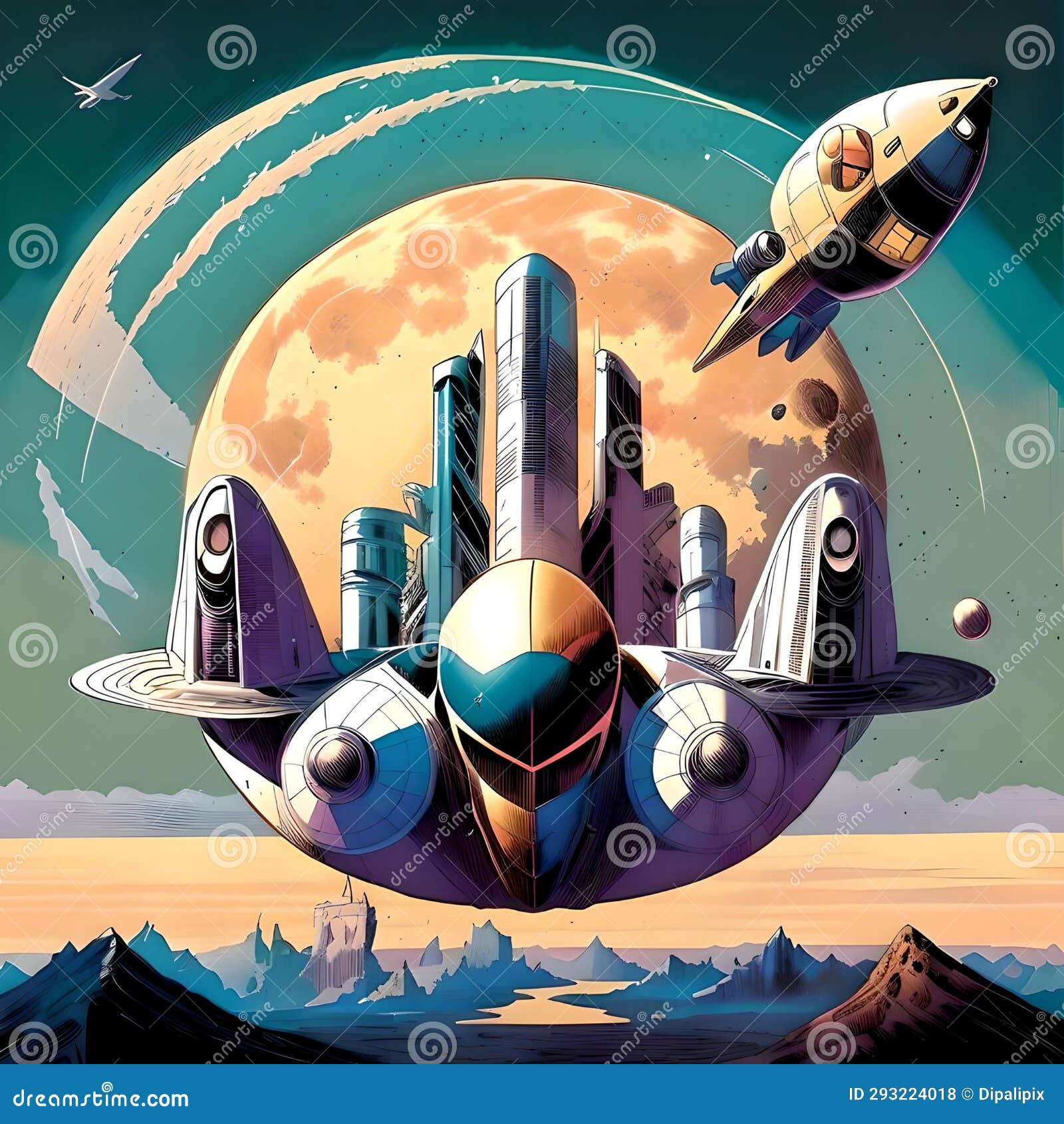 A Fantasy Scene of Space and Rockets Stock Illustration - Illustration ...