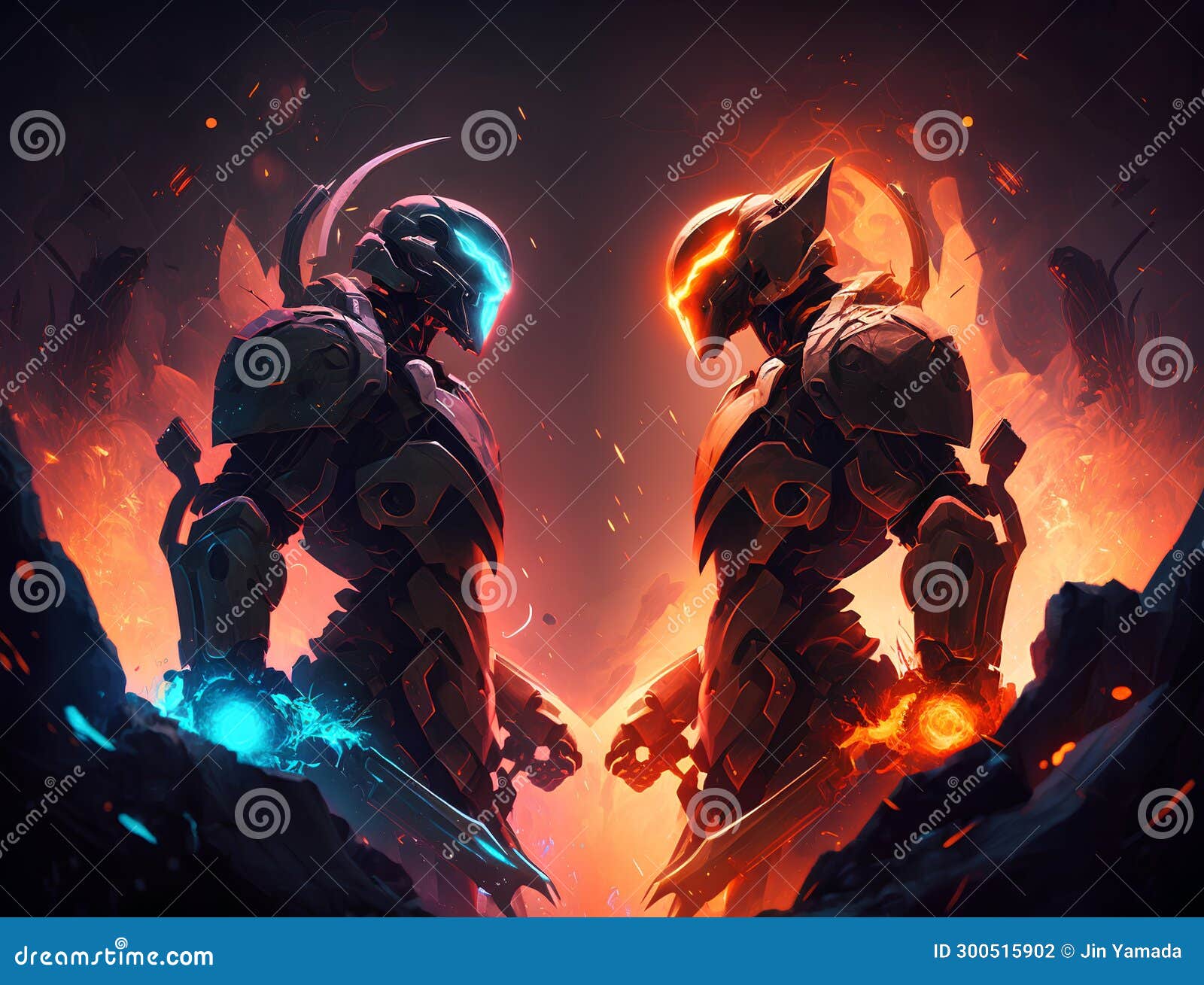 Fantasy Scene with Two Knights Fighting in Fire, 3d Illustration Stock ...