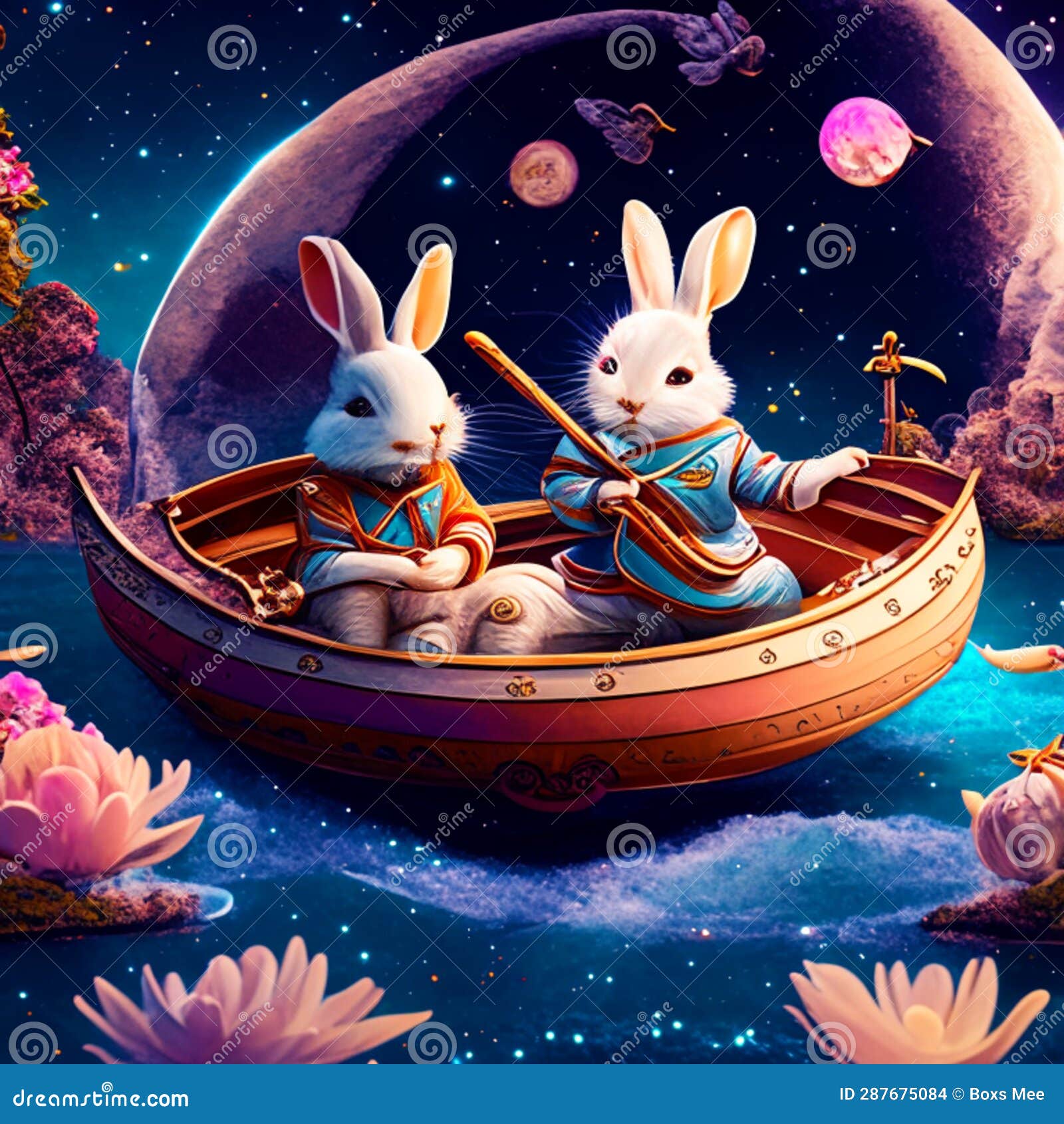 Fantasy Scene with Two Little Rabbits on a Boat in the Ocean Generative ... Fantasy Scene with Two Little Rabbits on a Boat in the Ocean Generative ...