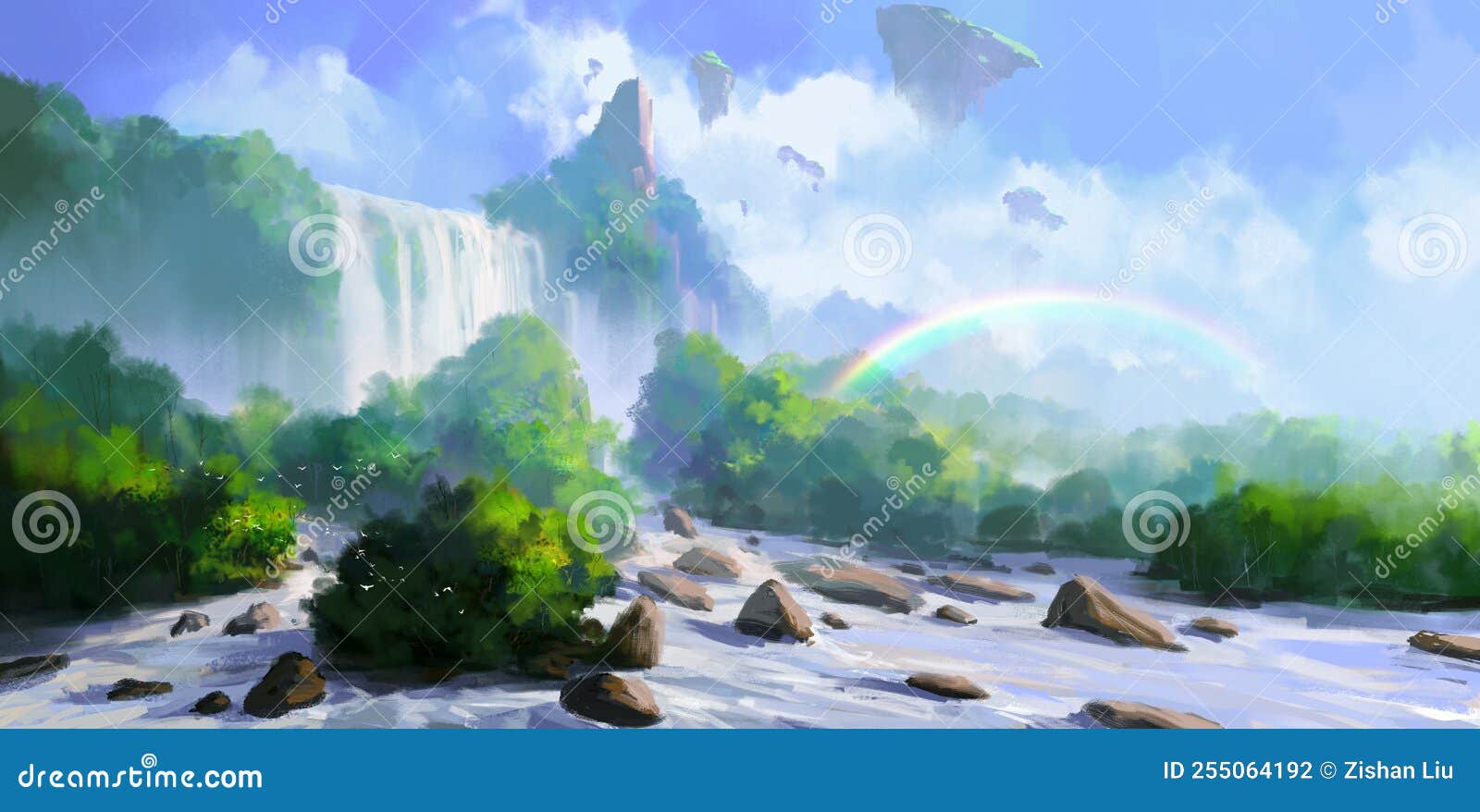 Fantasy Scene with Waterfall, 3D Illustration Stock Illustration ...