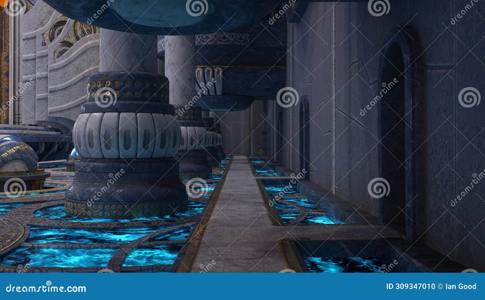 Fantasy Sci-fi Alien Building Interior with Ornate Decorated Columns ...