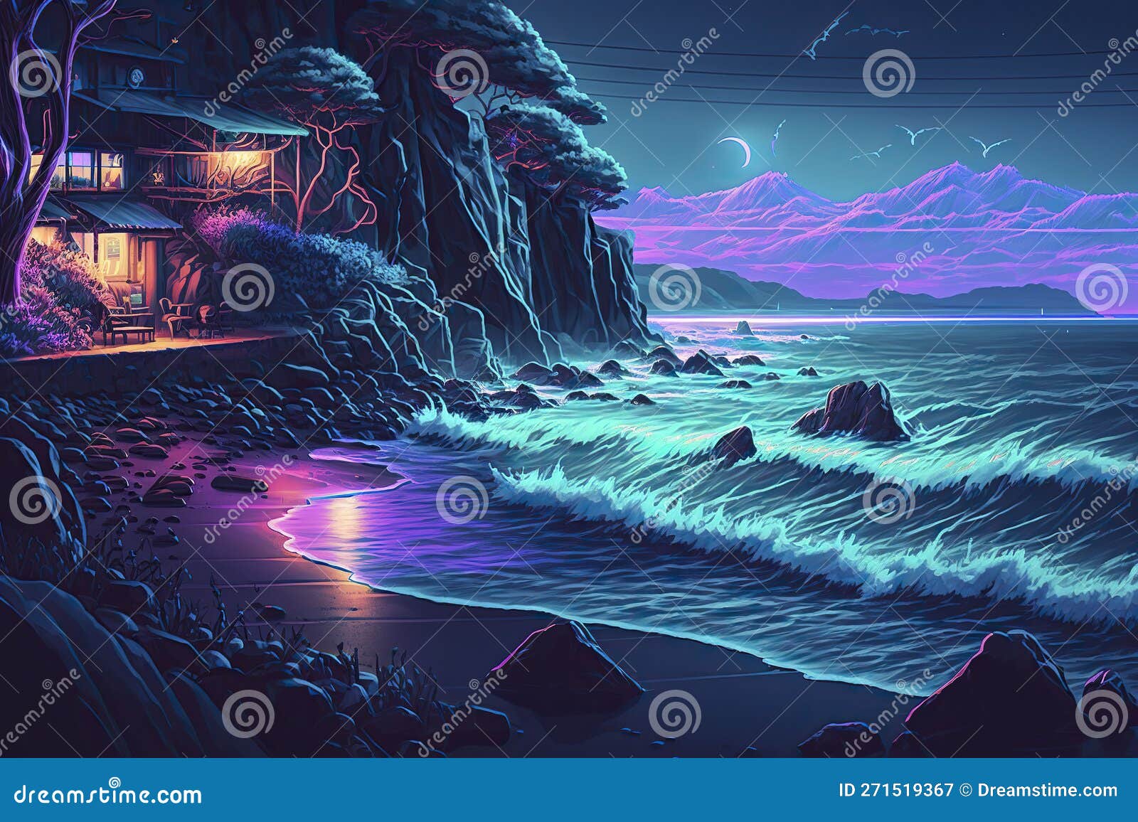 Fantasy Sea Coast, Neon Colors. Generative AI Stock Illustration ...
