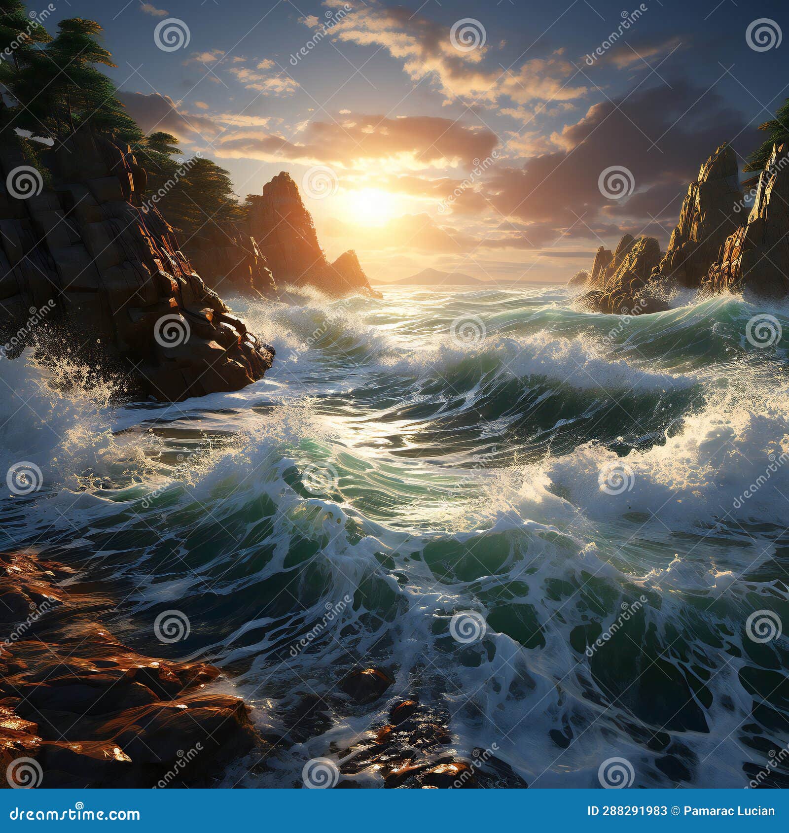 Fantasy Seascape. Rocks and Sea at Sunset Stock Illustration ...