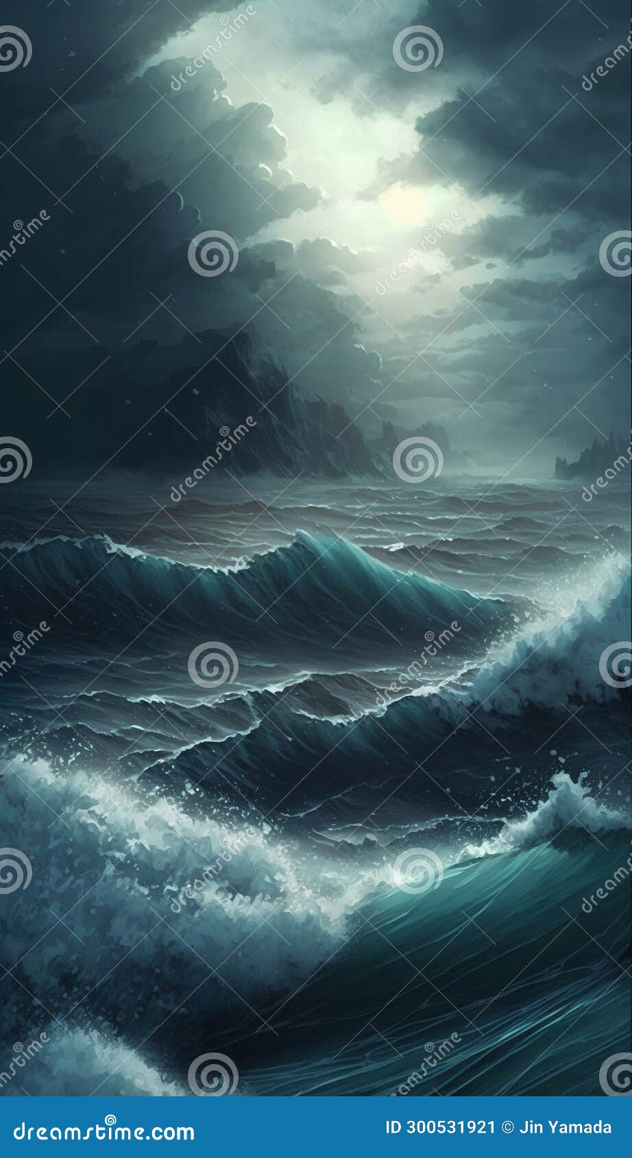 Fantasy Seascape with Sea Waves and Moon. Vector Illustration Stock ...