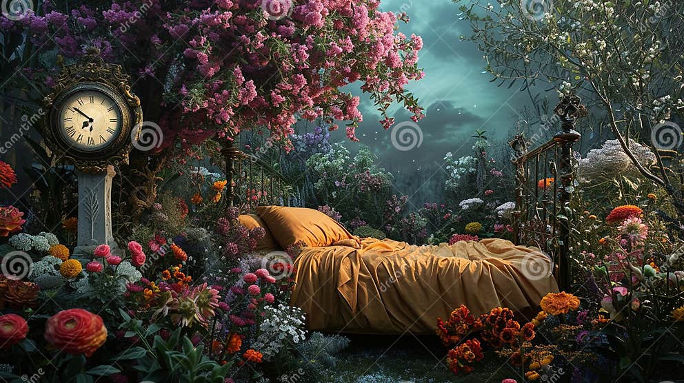 Fantasy Setting with Bed among Blossoming Flowers and Floating Clock ...