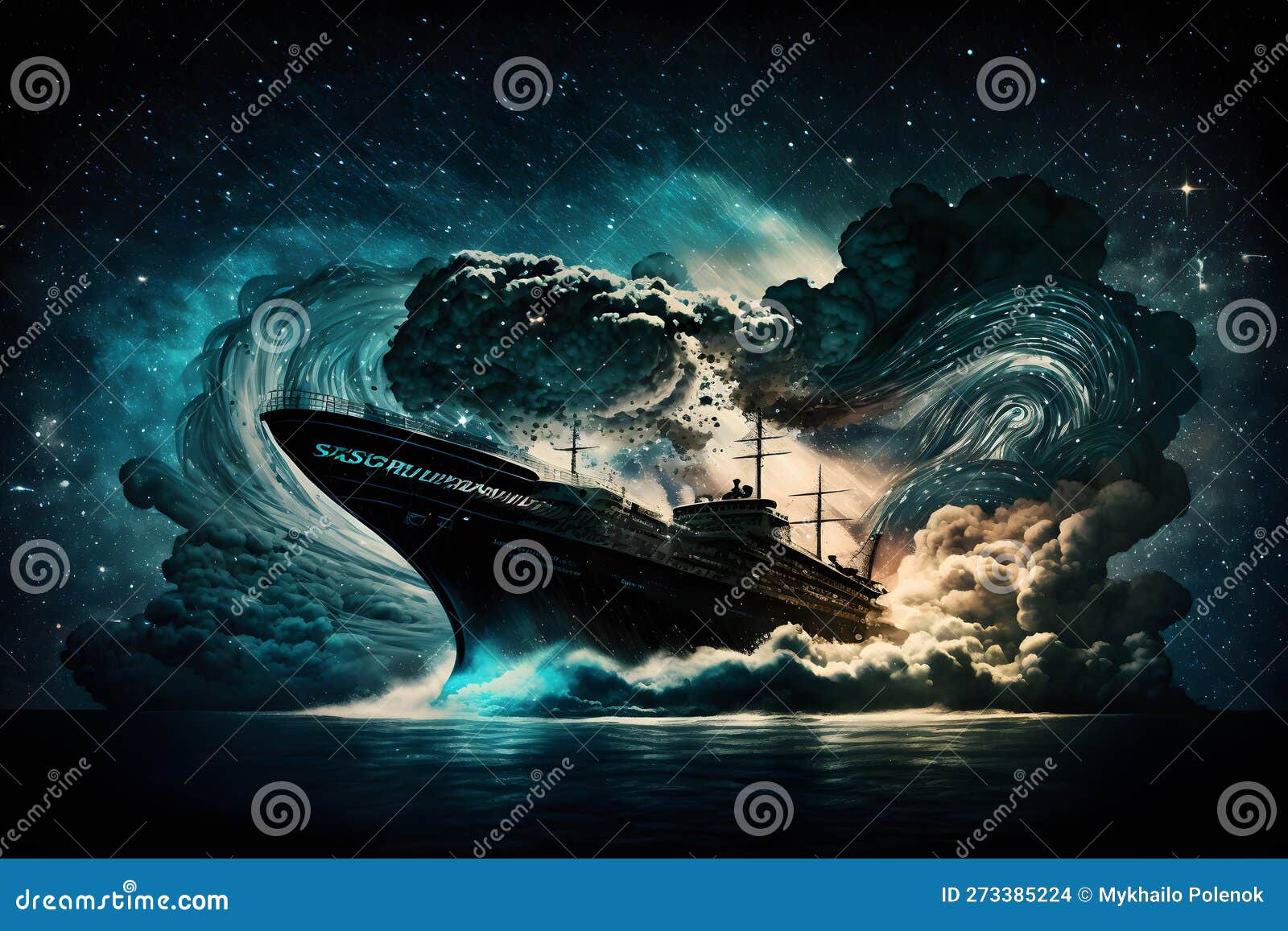 Fantasy Ship in Glowing Waves. Neural Network AI Generated Stock Photo ...